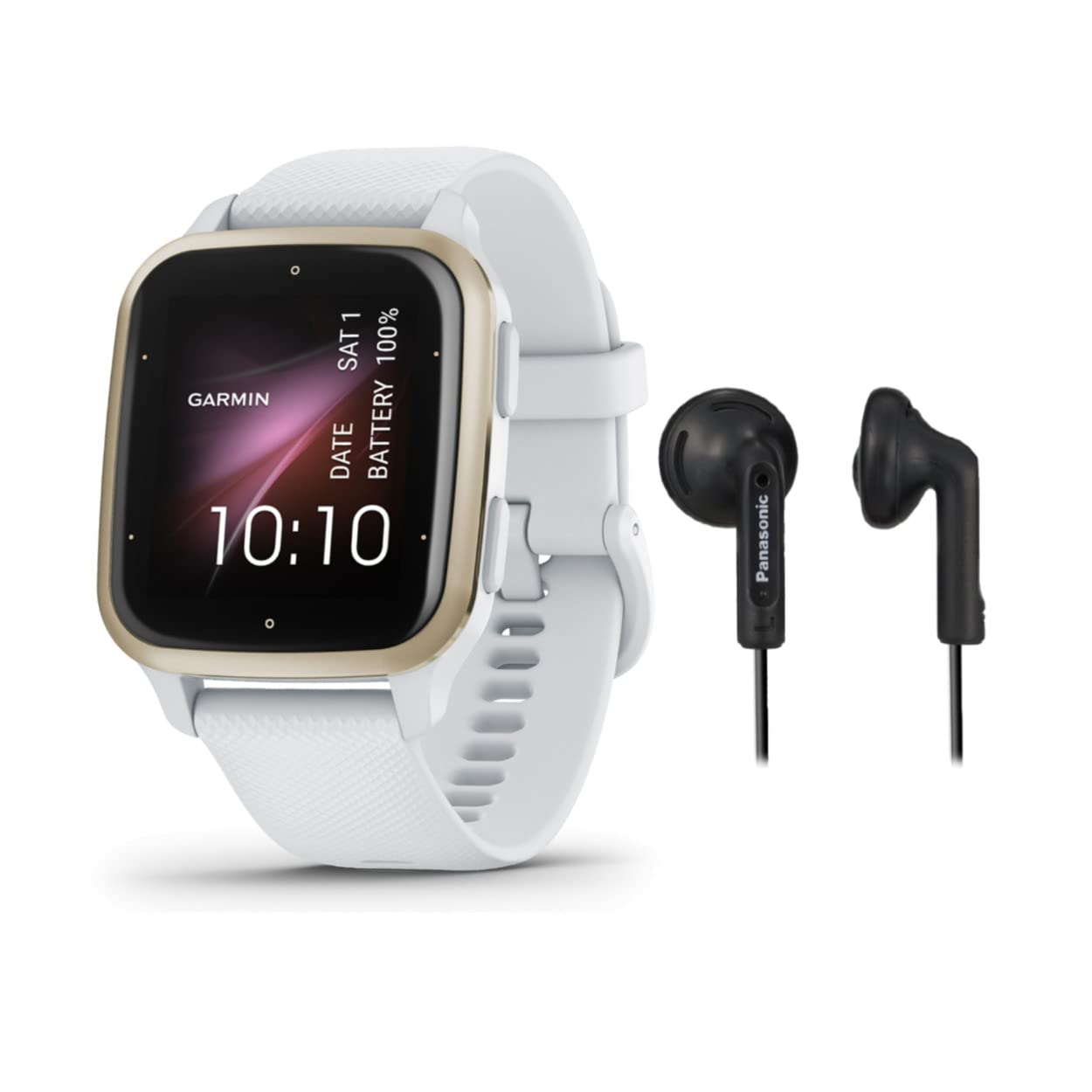 Garmin Venu Sq 2 Smartwatch (Cream Gold/White) Bundle with Powerful Bass Earbuds and Wellness Plus Software (3 Items)