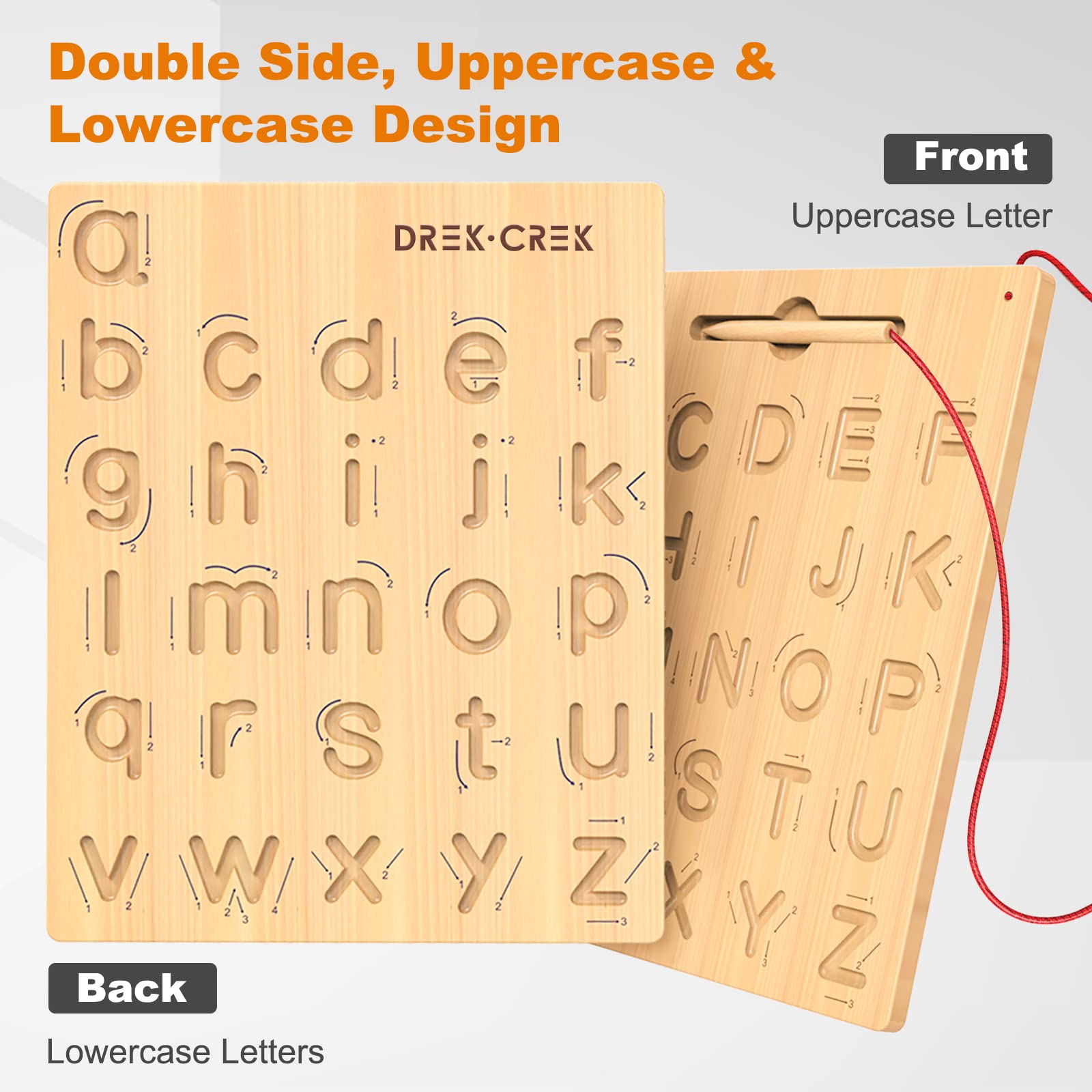 Drek Crek Wooden Letters Practicing Board, Wooden Alphabet Tracing Board Double-Sided Toddlers and Preschool Learning Toys Learning to Write ABC for Kids Ages 3-5