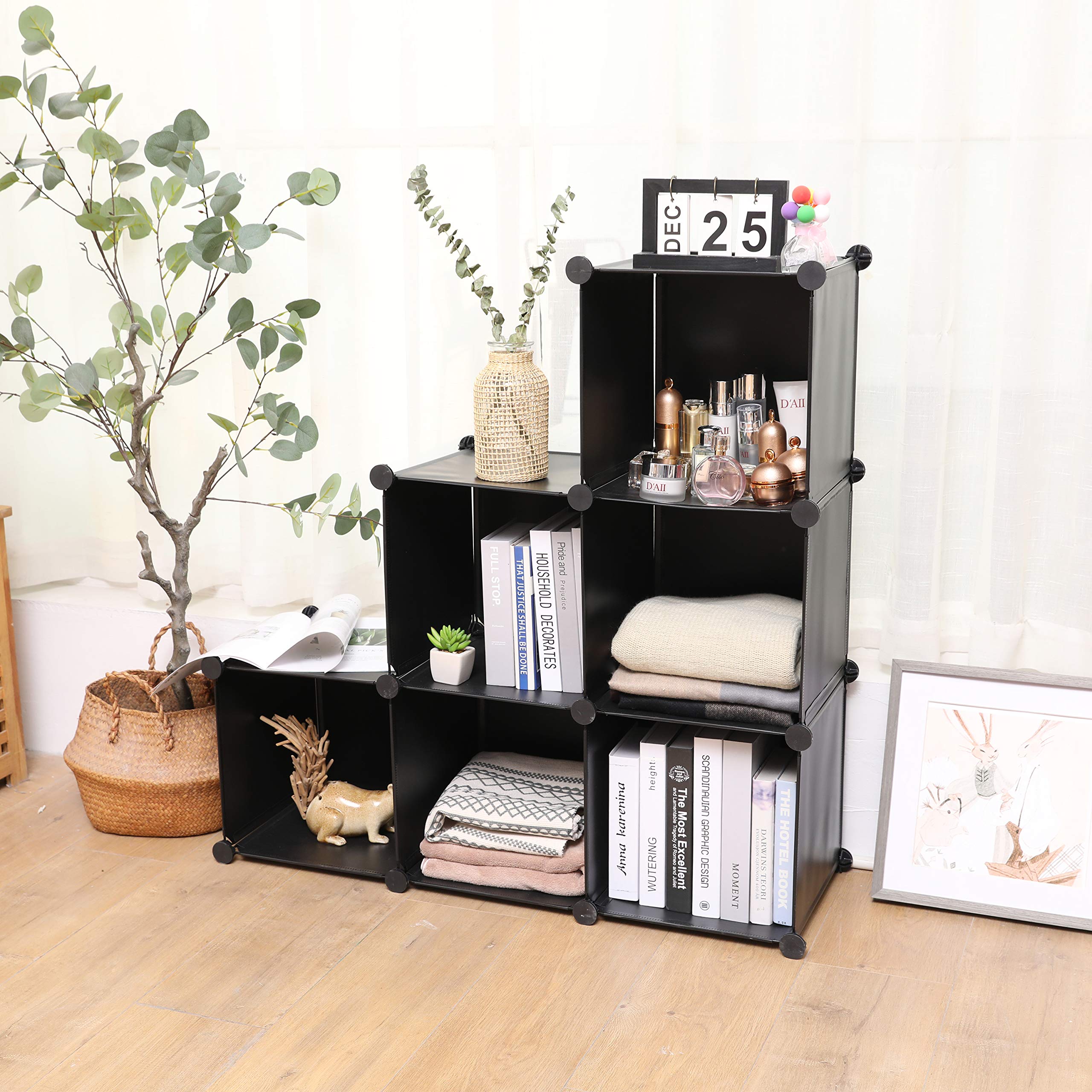 YCOCO 6 Cubes Storage Modular Cubes,DIY Plastic Closet Organizer Storage Shelves Cubes with Wooden Hammer,Stackable Bookcase for Bedroom Living Room Office,Black