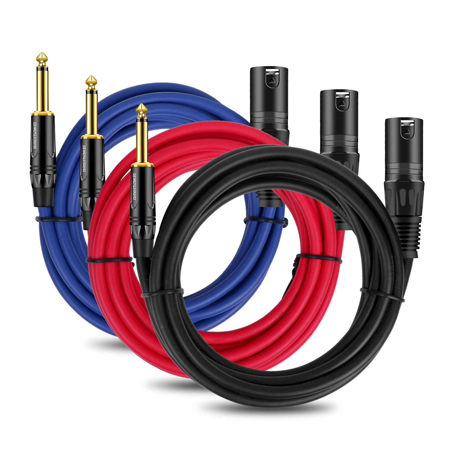 DREMAKE 3 Pack Male XLR to 1/4 Inch (6.35mm/6.5mm) TS Mono Jack Microphone Cable 20 Foot, Unbalanced 3 Pin XLR Female to Quarter inch TS Mic Patch Cord for Speaker, Dynamic Microphone, Mixing Console