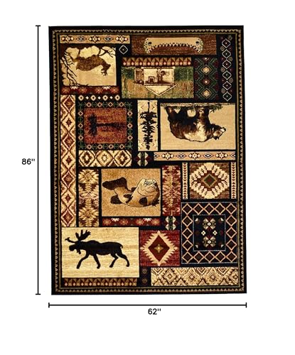 HR Cabin 906 Nature and Animals Area Rug 5'2" x 7'2" Contemporary Geometric Design Fish/Moose/Bear/Lodge