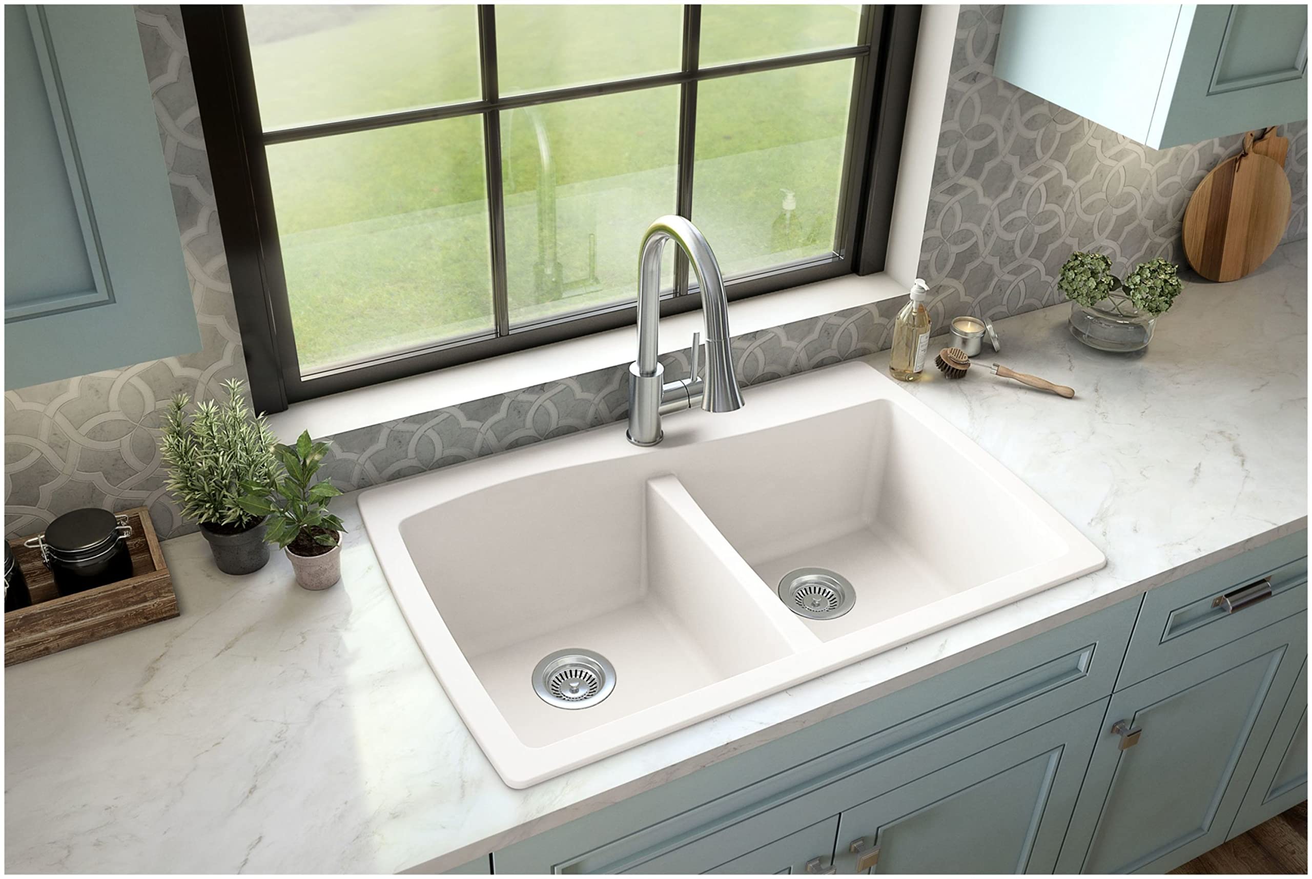 Karran QT-720 Drop-In Quartz Composite 34 in. 1-Hole 50/50 Double Bowl Kitchen Sink Kit in White