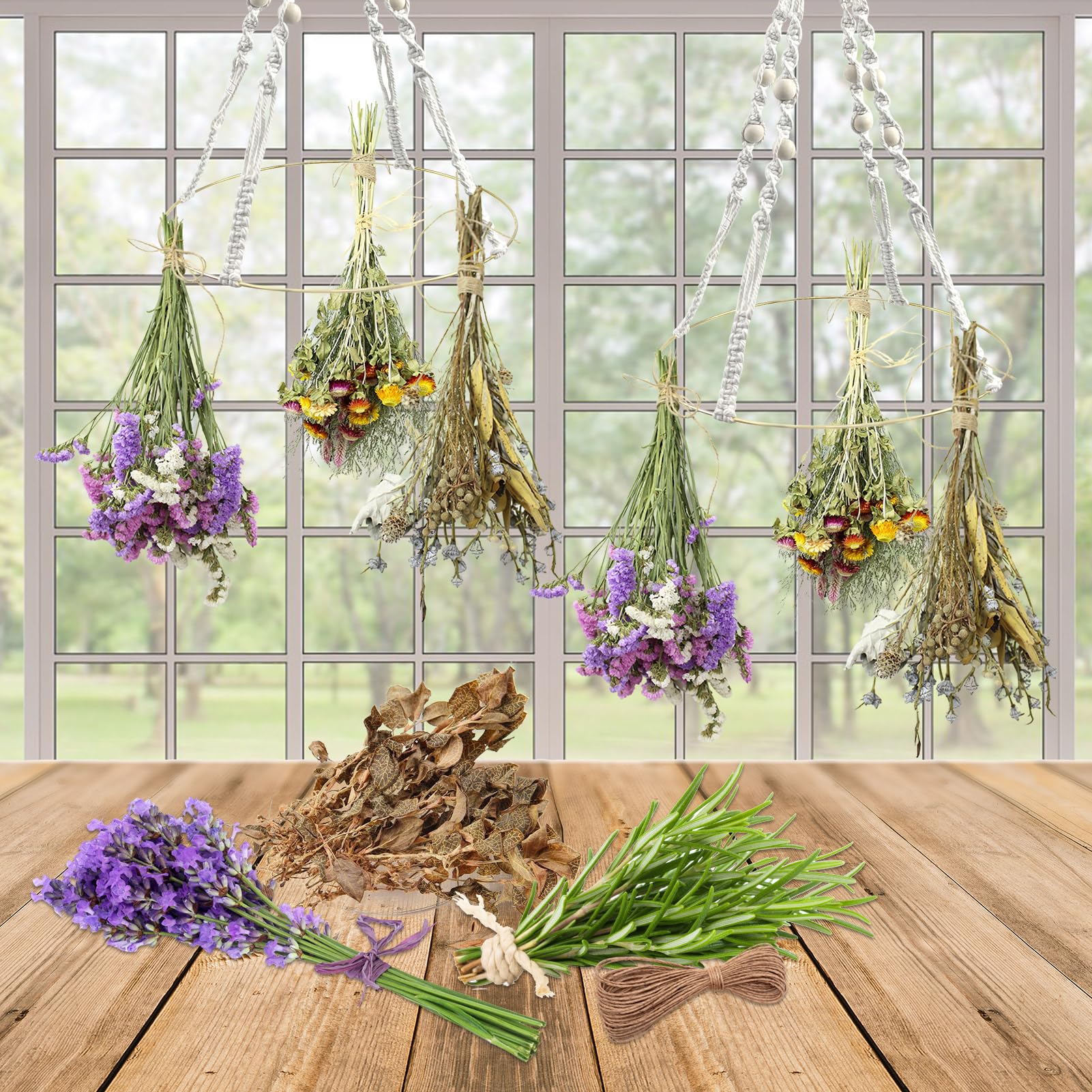 HFYZZ 2Pcs Herb Drying Rack,Boho Handcrafted Cotton Rope Woven Herb Drier with Wooden Balls,Herb Dryer,Herb Drying Rack, Hanging Herb Dryer Rack for Hydroponic Plants, Gold Color