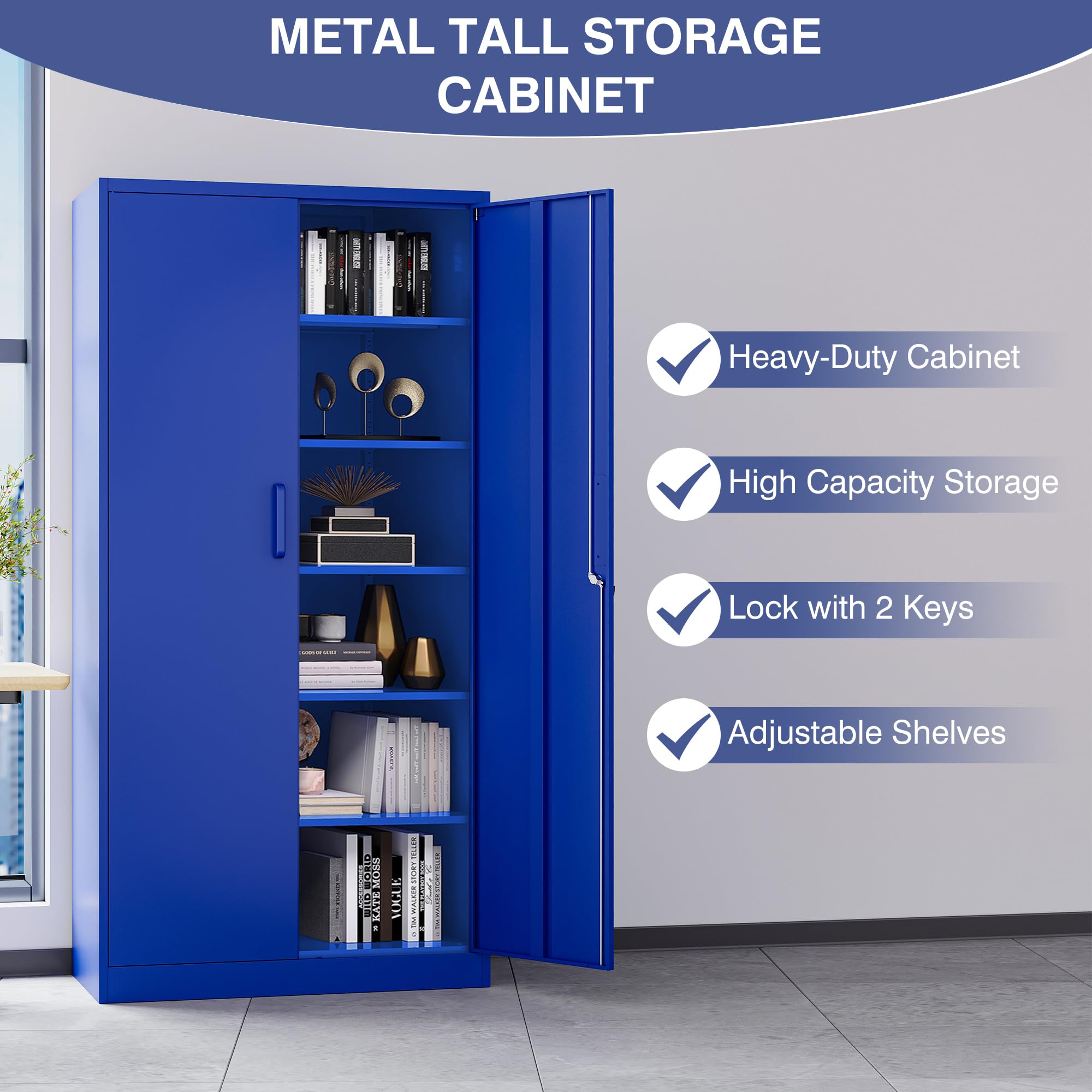 LISSIMO Metal Storage Cabinet,Home Office Cabinet with Doors and Adjustable Shelves,Locking Cabinet with Adjustabl Leg Levelers Assembly Required(Blue)