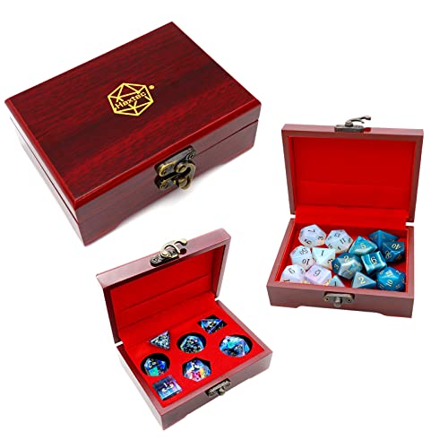Haxtec Mystery Gemstone DND Dice Set with Wood Dice Case DND Gifts for Players Dual-Purpose Wooden Dice Box with Stone D&D Dice Set TTRPG Accessories