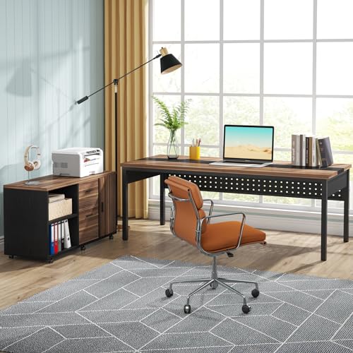 LITTLE TREE 70.8" Executive Desk with Lateral File Cabinet, Modern Thickened Wooden Workstation L-Shaped Computer Desk Large Home Office Writing Desk for Home Office