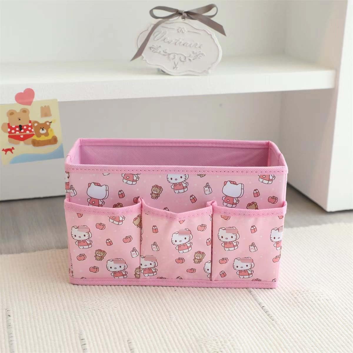 Kawaii Collapsible Storage Bin, Cute 4 Grids Storage Box Makeup Holder Office Desk Organizer Room Decor for lipstick,makeup brush,hair accessories...