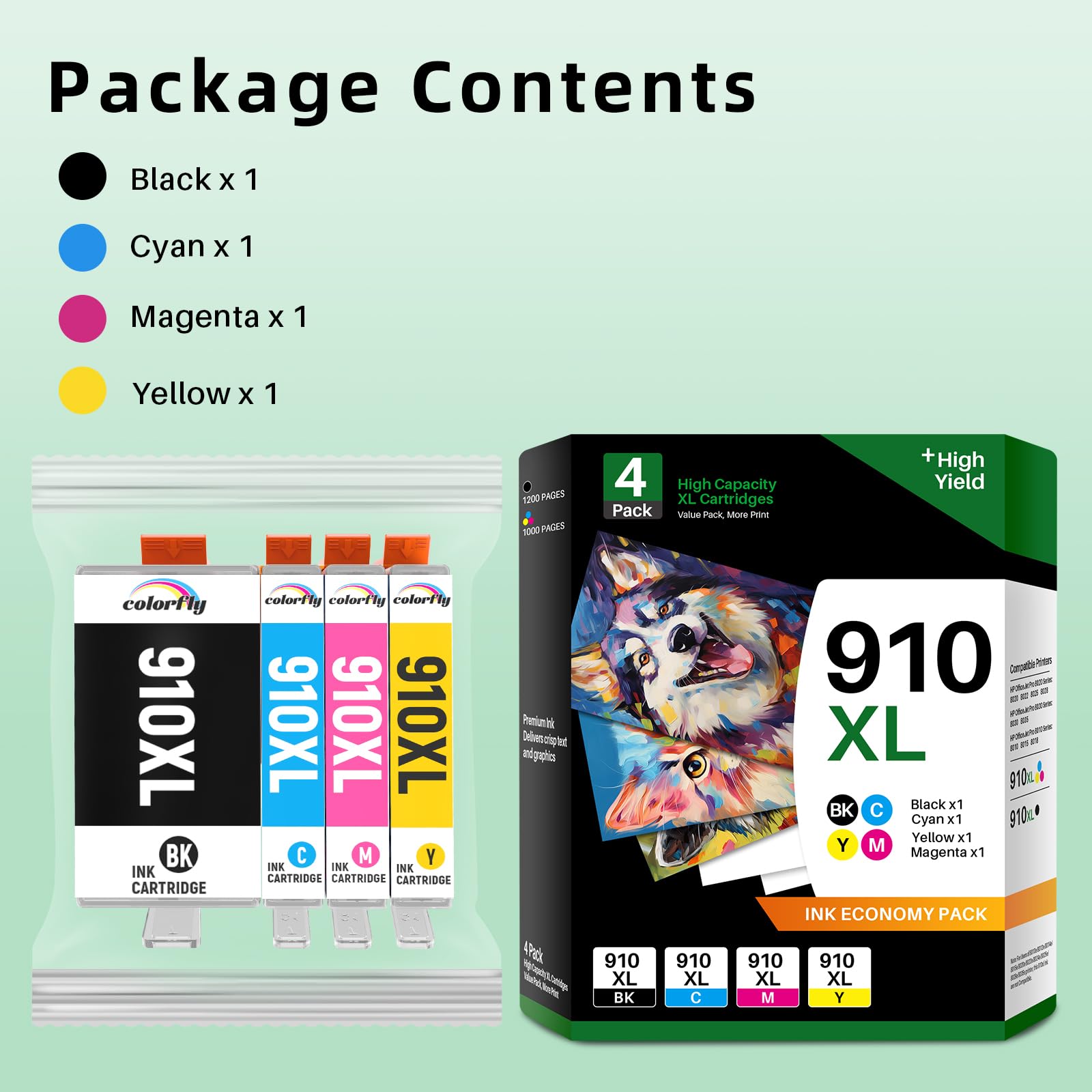 colorfly Compatible Ink Cartridge Replacement for HP 910XL, Cyan, Magenta, Yellow, Black, 4 Pack