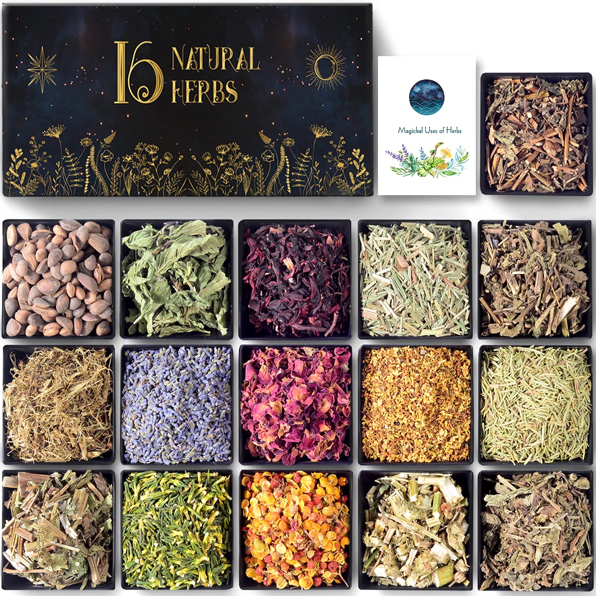 Dried Herbs for Witchcraft, 16 Pack Magic Herbs Kit for Spells, Witch Stuff for Beginners with Magical Uses, Wiccan Supplies and Tools Green Witchcraft Herbs for Wicca, Pagan, Rituals, Altar, Voodoo