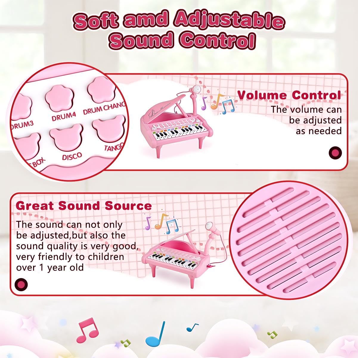 Toddler Piano Keyboard Toy - Toy Piano for 1 2 3 Years Old Girls Birthday Gift Piano Multi Functional Musical Toy with Microphone