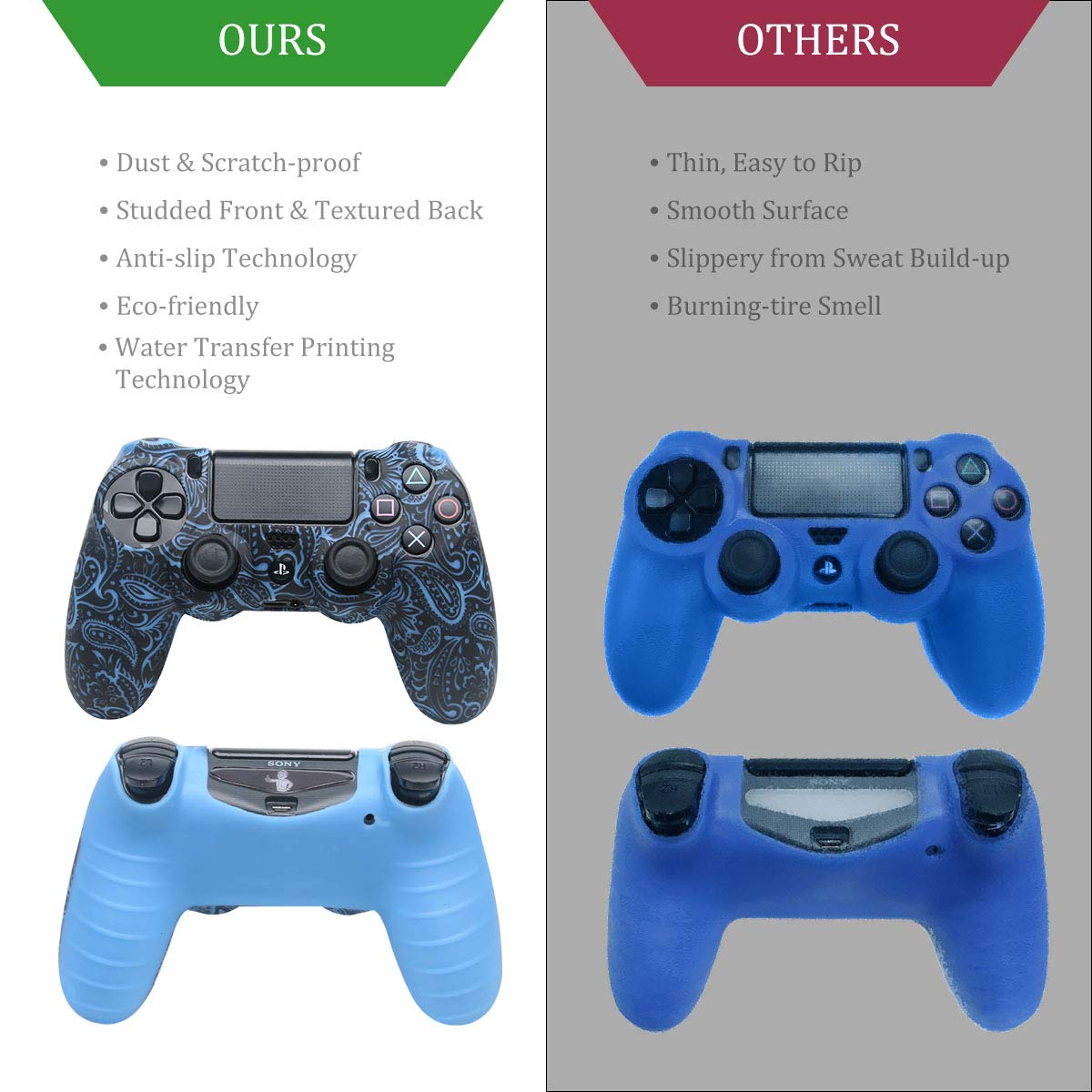 Silicone Controller Covers Compatible with PS4 Controller - 2 Pack of Anti-Slip Protector Controller Skin Case- with 4 Pairs Thumb Grips - Red & Blue