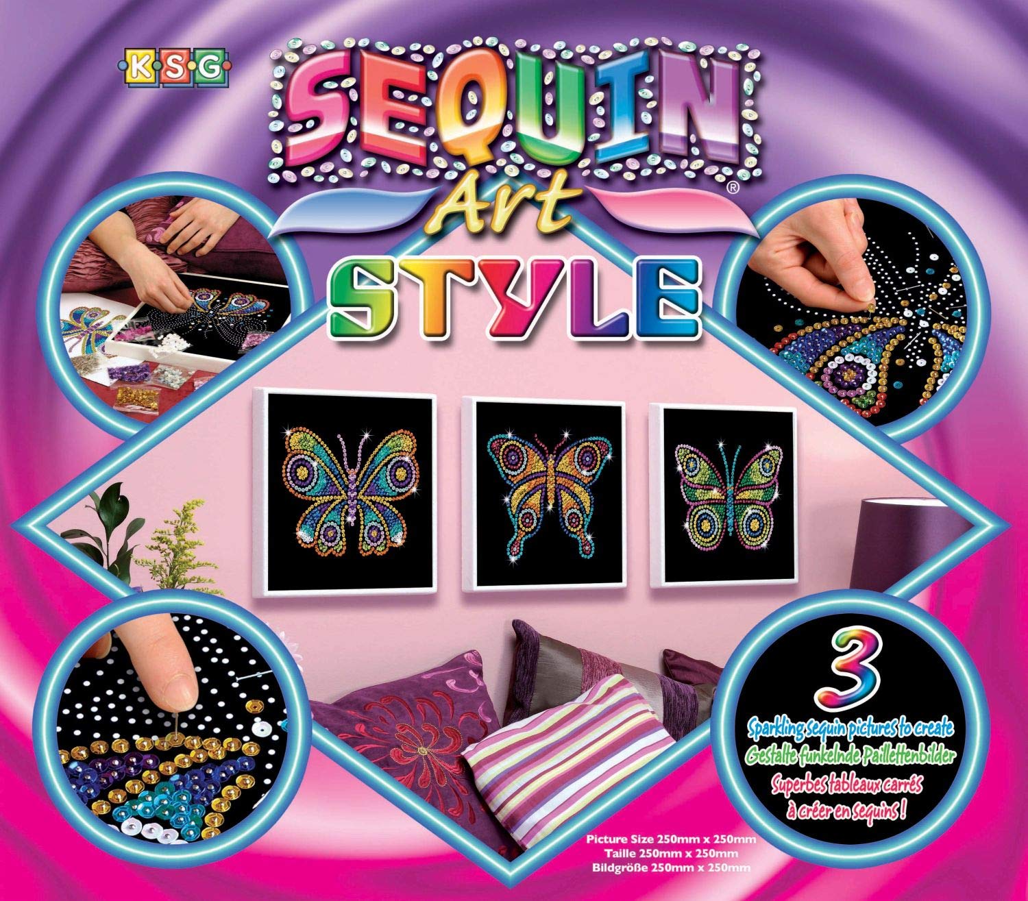 Sequin Art Style, Three Butterflies, Sparkling Arts and Crafts Picture Kit, Creative Crafts