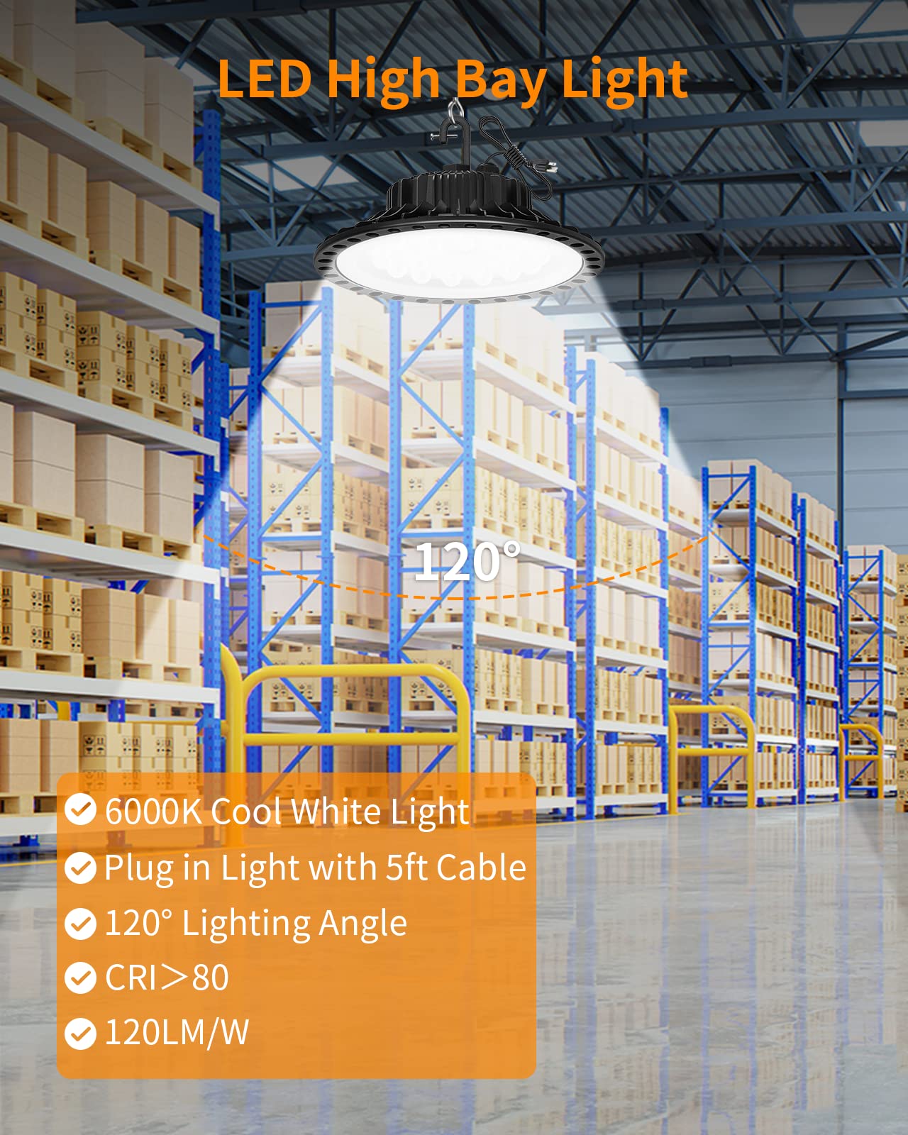 FAMURE LED UFO High Bay Light, 2Pack 100W 12000LM with Plug 5ft Cords Led 6000K Workshop Lighting IP65 Waterproof Outdoor Security Light led floodlight Garage Lighting LED Commercial Bay Lighting