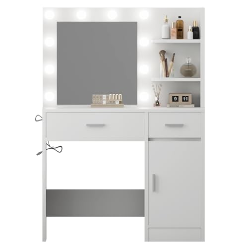 LIVELYGLOW Vanity Desk with Mirror and Lights, Makeup Vanity with Drawer & Storage Shelves, Cabinet, 3 Lighting Modes Adjustable Brightness, Bedroom Dressing Table, White