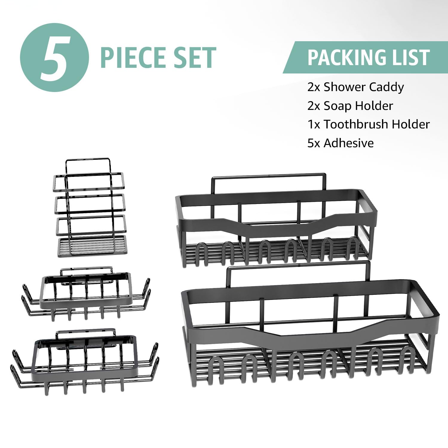 GD Adhesive Shower Caddy Bathroom Shower Organizer Storage 5 Pack Set, Adhesive Shower Organizer for Bathroom & Storage, Stainless Steel, Rustproof Stainless Steel Bathroom Organizer, No Drilling