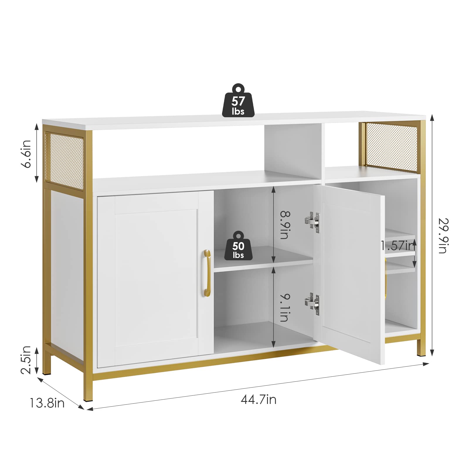 HITHOS Sideboard Buffet Cabinet, Gold Storage Cabinet with Doors and Adjustable Shelves, Modern Coffee Bar Cabinet Accent Cabinet for Kitchen, Dining Room, Living Room, Entryway, Gold/White