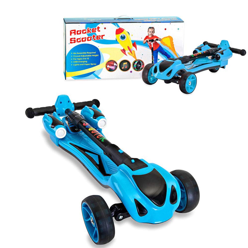 Children's Scooter 3-Wheel Scooter with Colorful LED Flash Wheel, Music, Spray Steam, Foldable, Height-Adjustable, Suitable for Children Aged 3-12(Black)