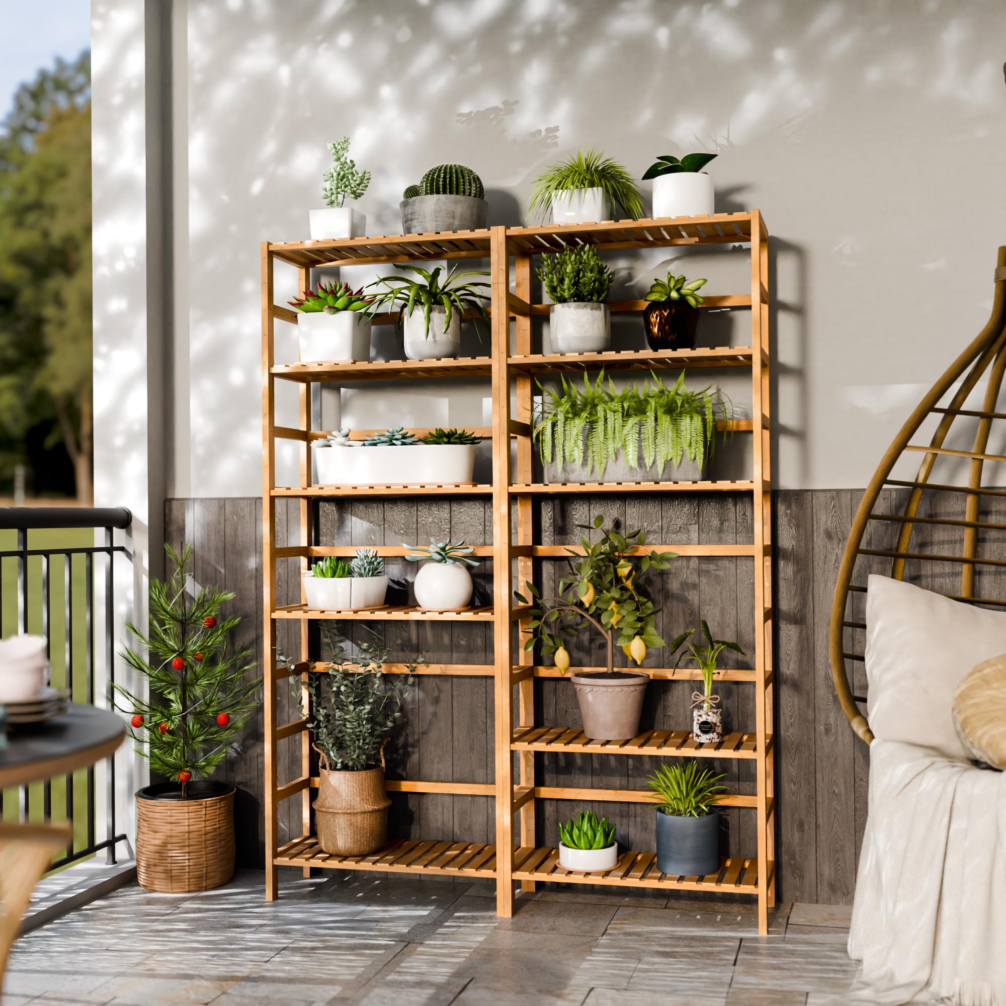 HITNET Bamboo Shelf, 6-Tier Adjustable Tall Open Bookcase, Bathroom Storage Rack Freestanding Shelving Unit, Plant Display Stand for Small Space, Natural
