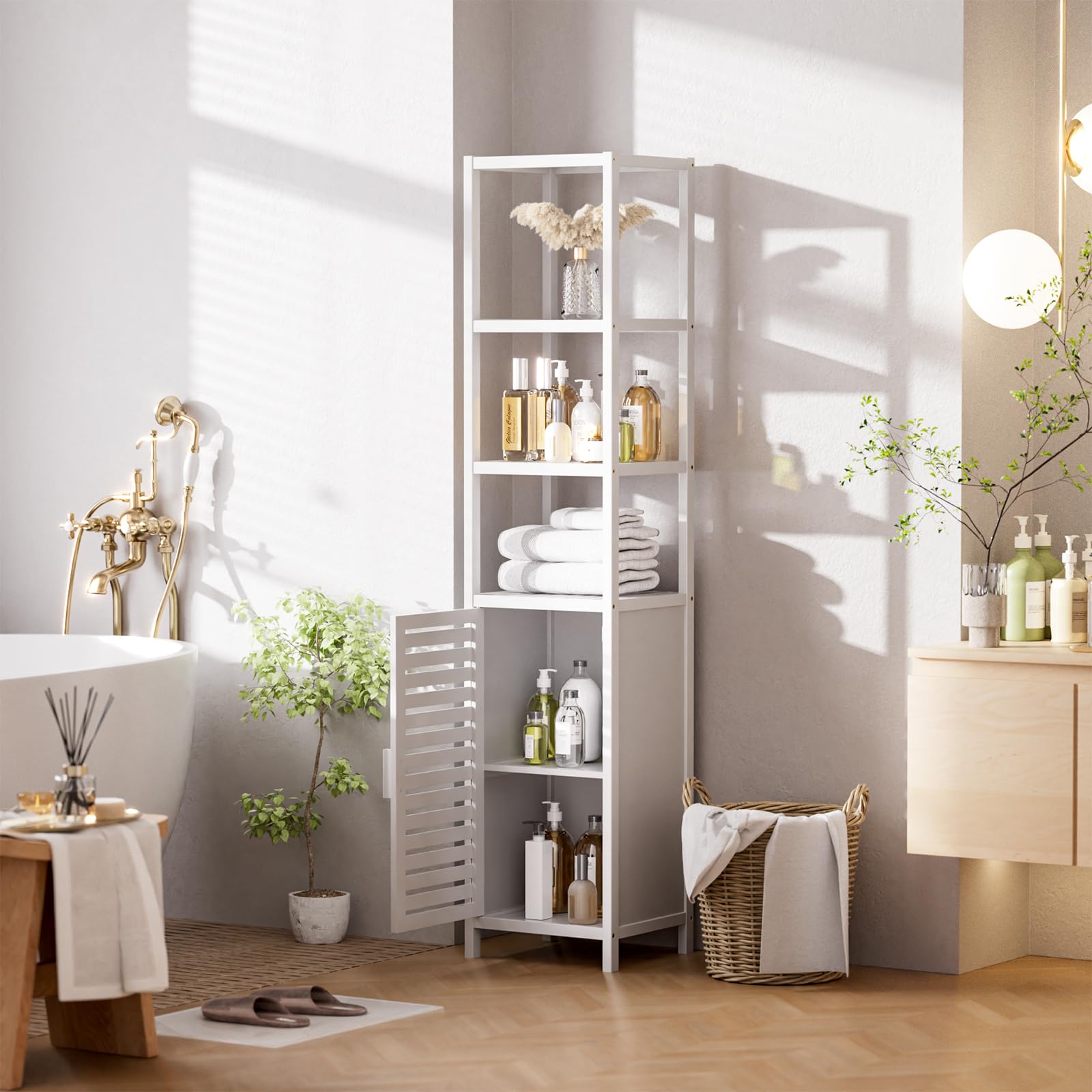 HITNET Bathroom Tall Cabinet, Floor Standing Bamboo Storage Cabinet with 6 Shelves and Shutter Door for Kitchen Living Room, White