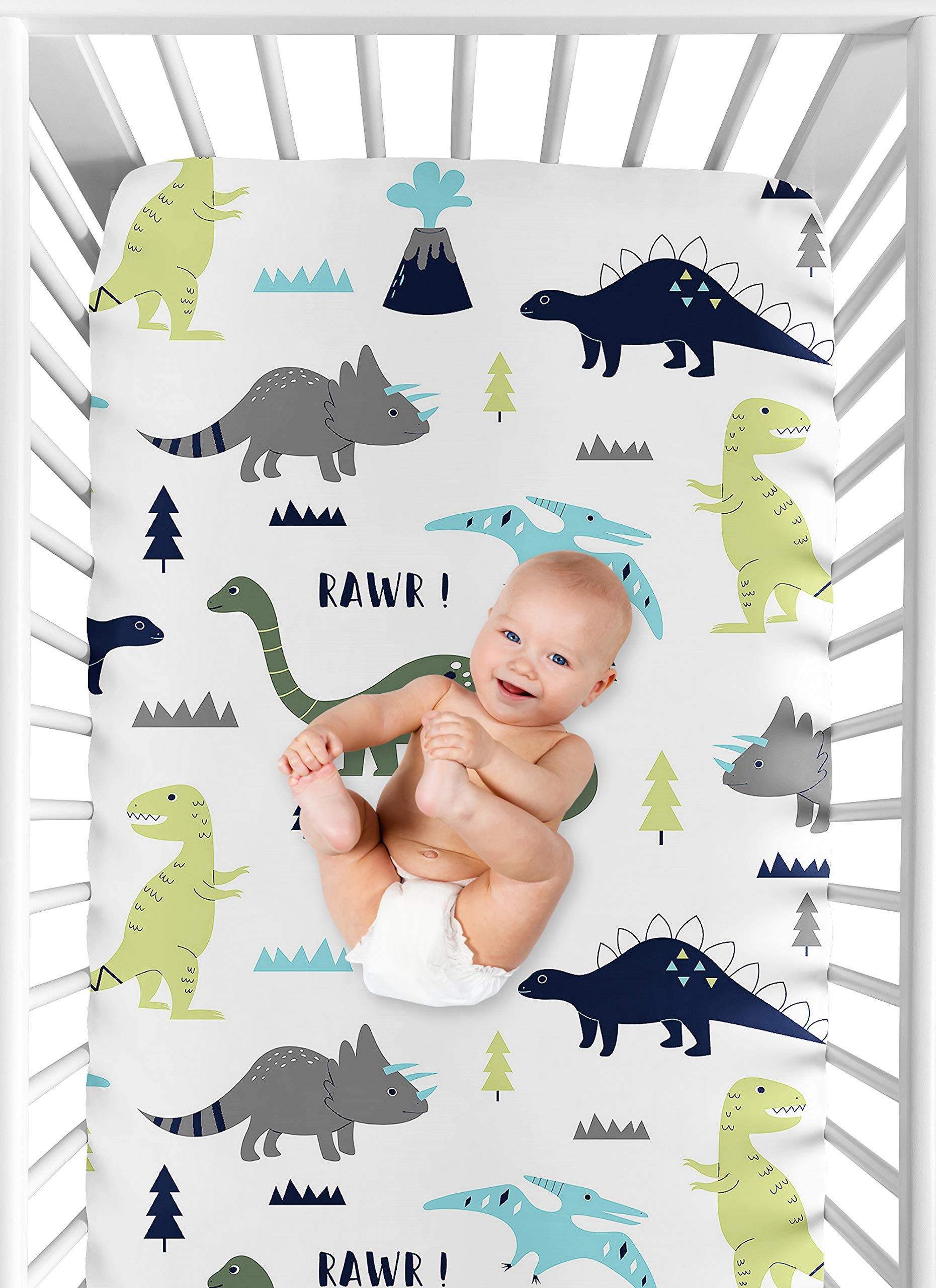 Sweet Jojo Designs Mod Dino Boy Cotton Fitted Crib Sheet Baby or Toddler Bed Nursery - Navy Blue Green Grey Modern Dinosaur Dinosaurs 100% Cotton