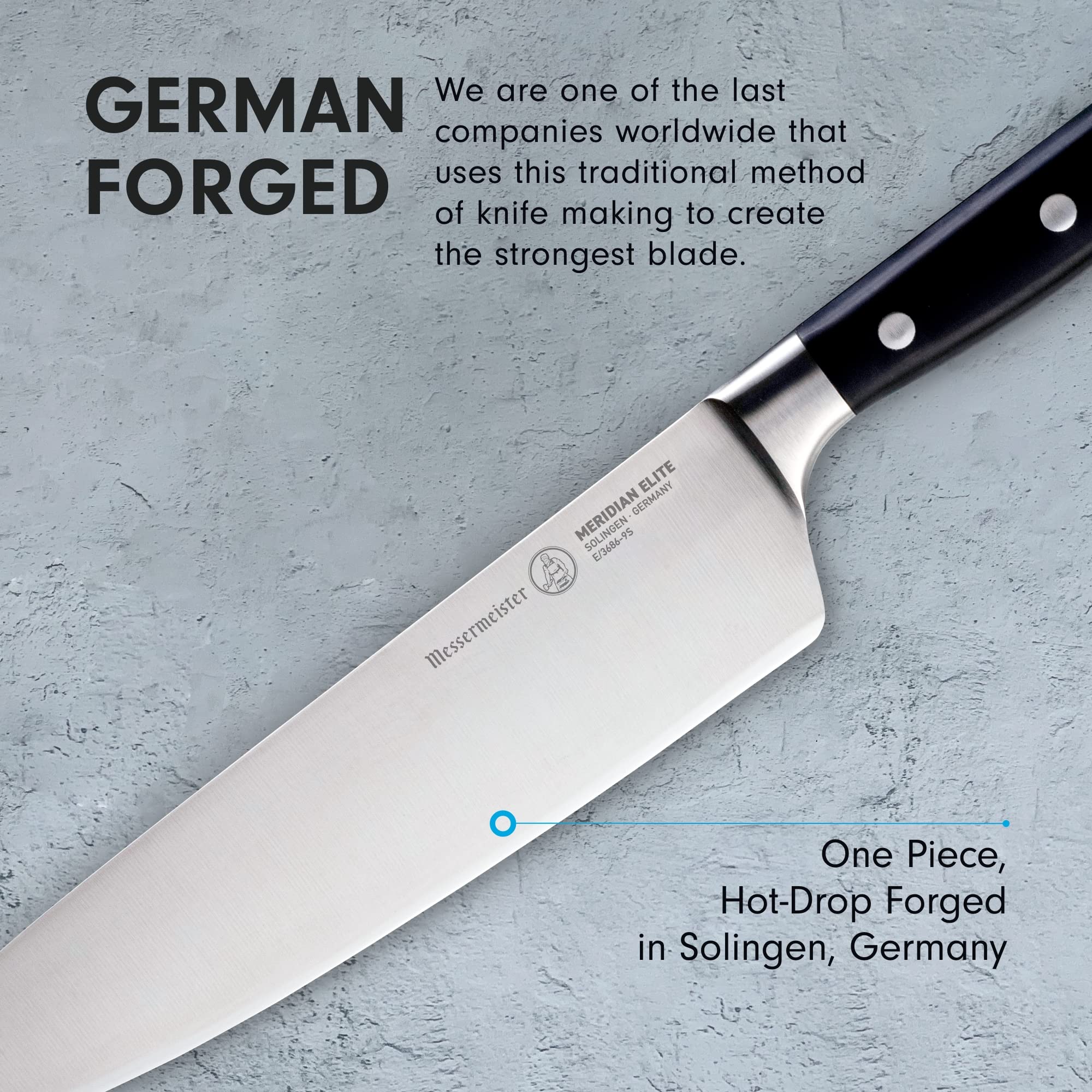 Messermeister Meridian Elite 9” Stealth Chef’s Knife - Fine German Steel Alloy Blade - Rust Resistant & Easy to Maintain