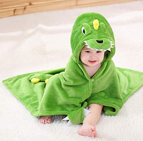 TONWHAR 0-4 Years Toddlers' And Kids' Boys Girls Animal Face Hooded Blanket Baby's Bathrobe,Plush After Bath Blanket (Green Dinosaur)