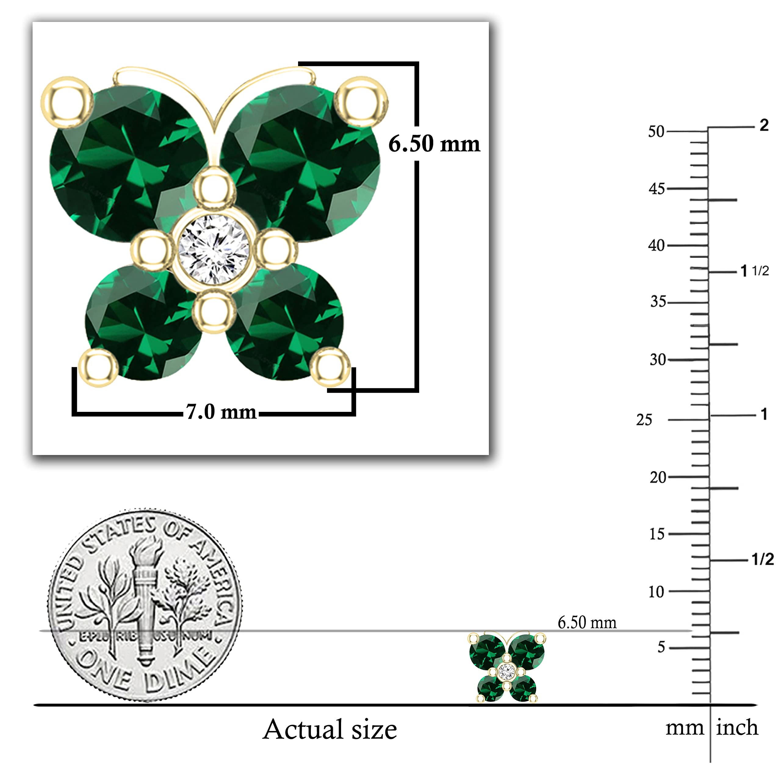 Dazzlingrock Collection 5 Stone Round Lab Grown Emerald and Accent Round Natural White Diamond Elegant Butterfly Shape Screw Back stud Earrings for Women, 14K Yellow Gold
