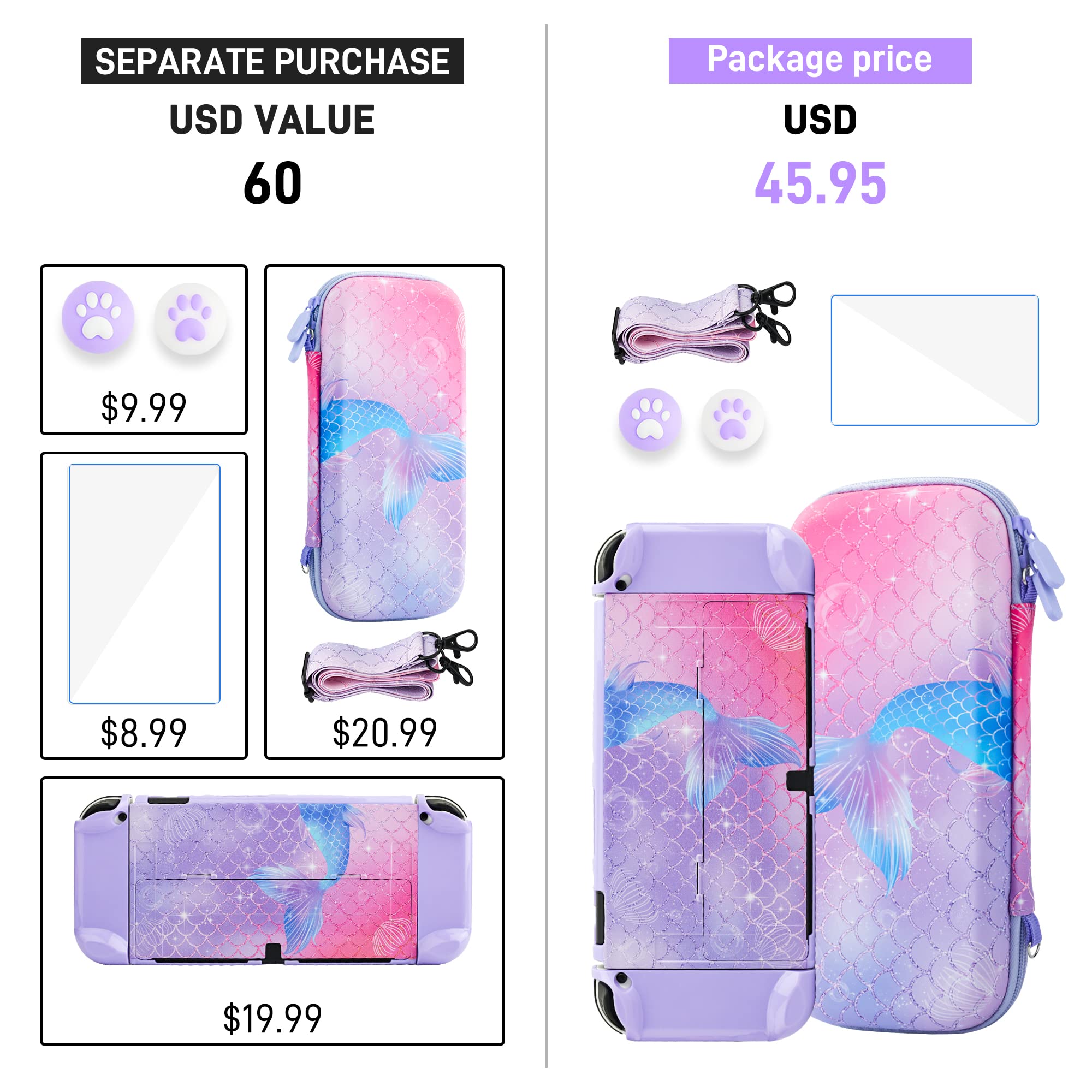 FANPL Case bundle for Nintendo Switch OLED Accessories, Cute Carrying Case for Switch OLED and Joy Con with Hard Flip Protective Cover and Screen protector, 2 Thumb Grips, Shoulder Strap (Purple)