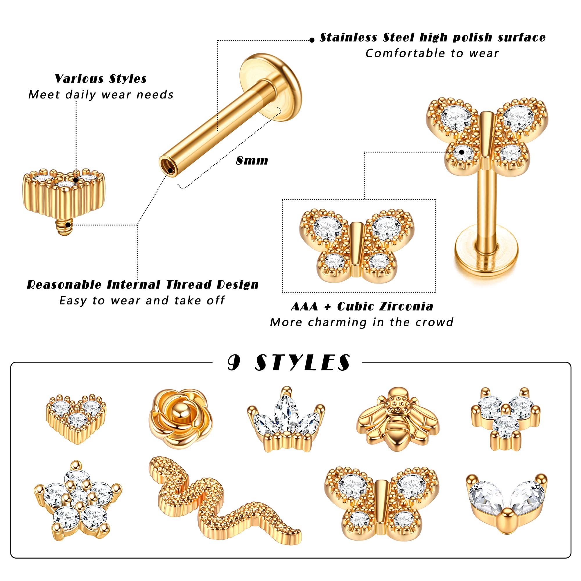 Drperfect Cartilage Earring Stud 16G Stainless Steel Internally Threaded CZ Flower Heart Bee Butterfly Snake Helix Tragus Conch Labret Monroe Medusa Lip Piercing Jewelry