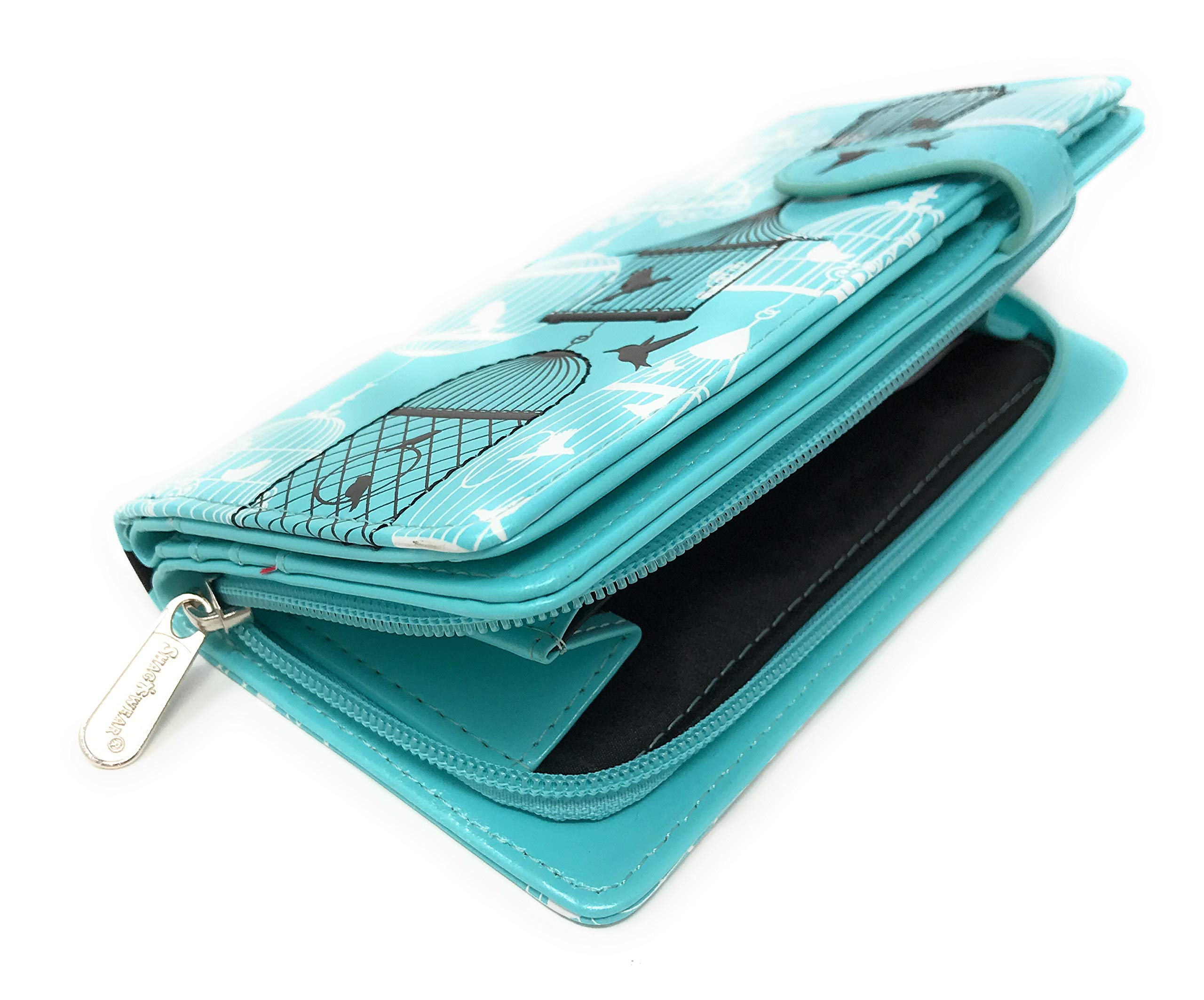 Shag Wear Vintage Bird Cage Large Wallet for Women and Teen Girls Vegan Faux Leather Blue 7"