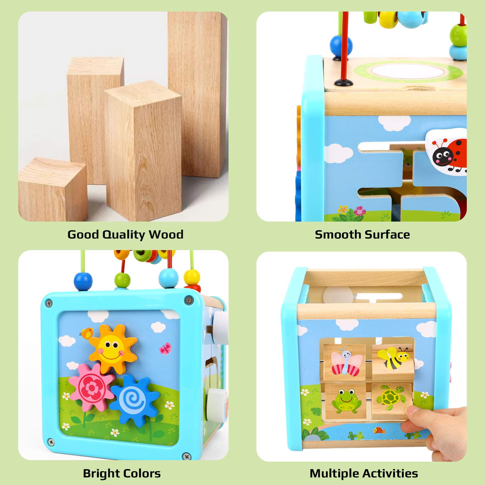 TOOKYLAND Activity Cube Wooden Toys Bead Maze Shape Sorter Learning Developmental Montessori Toys Small Size Gifts for Toddler Kids