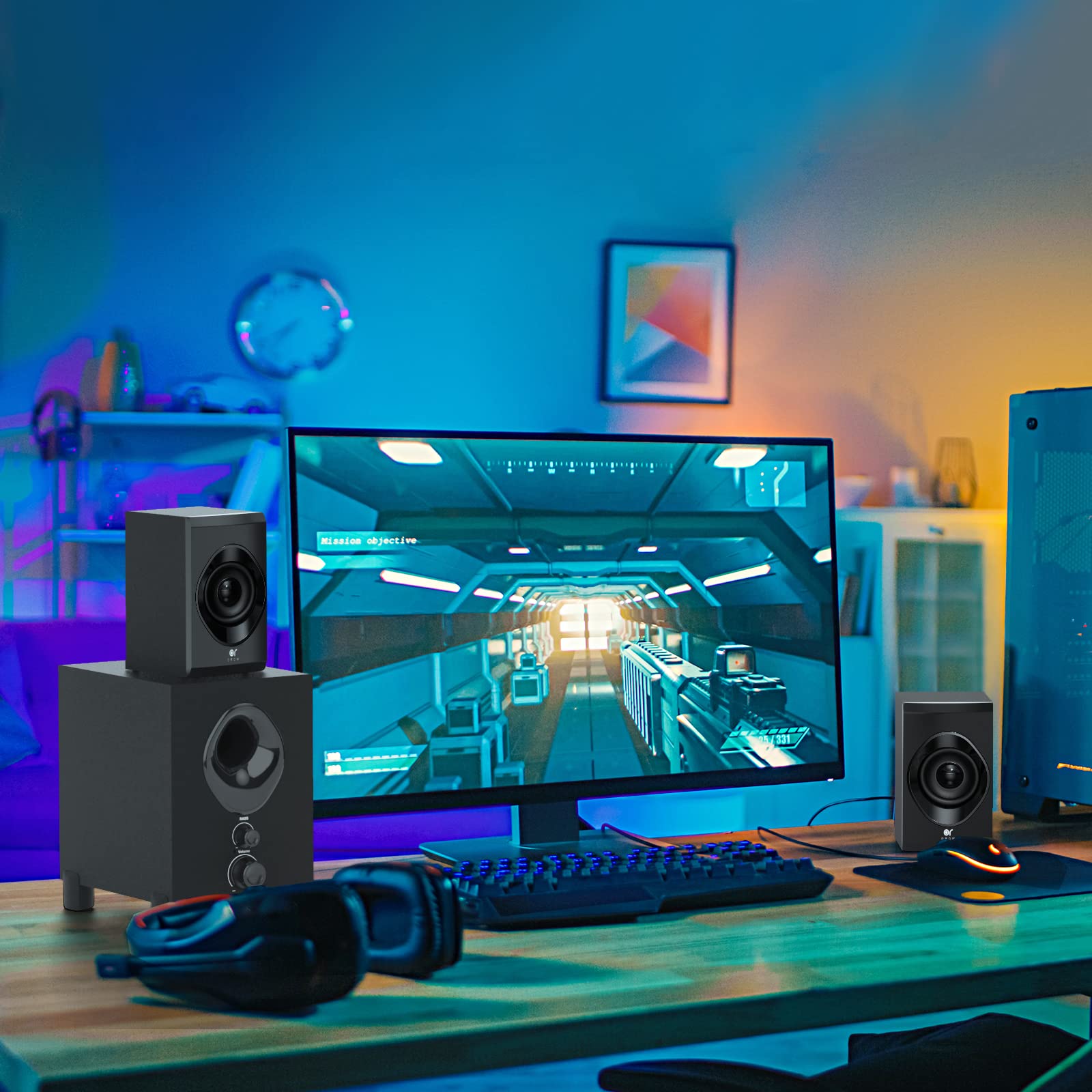 OROW(Upgrade S213) Bluetooth Computer Speakers,PC Speaker with Subwoofer,Front Knob 18W Wireless PC Speakers,Support AUX&Bluetooth Play,Great for Party/Game/TV (S213)