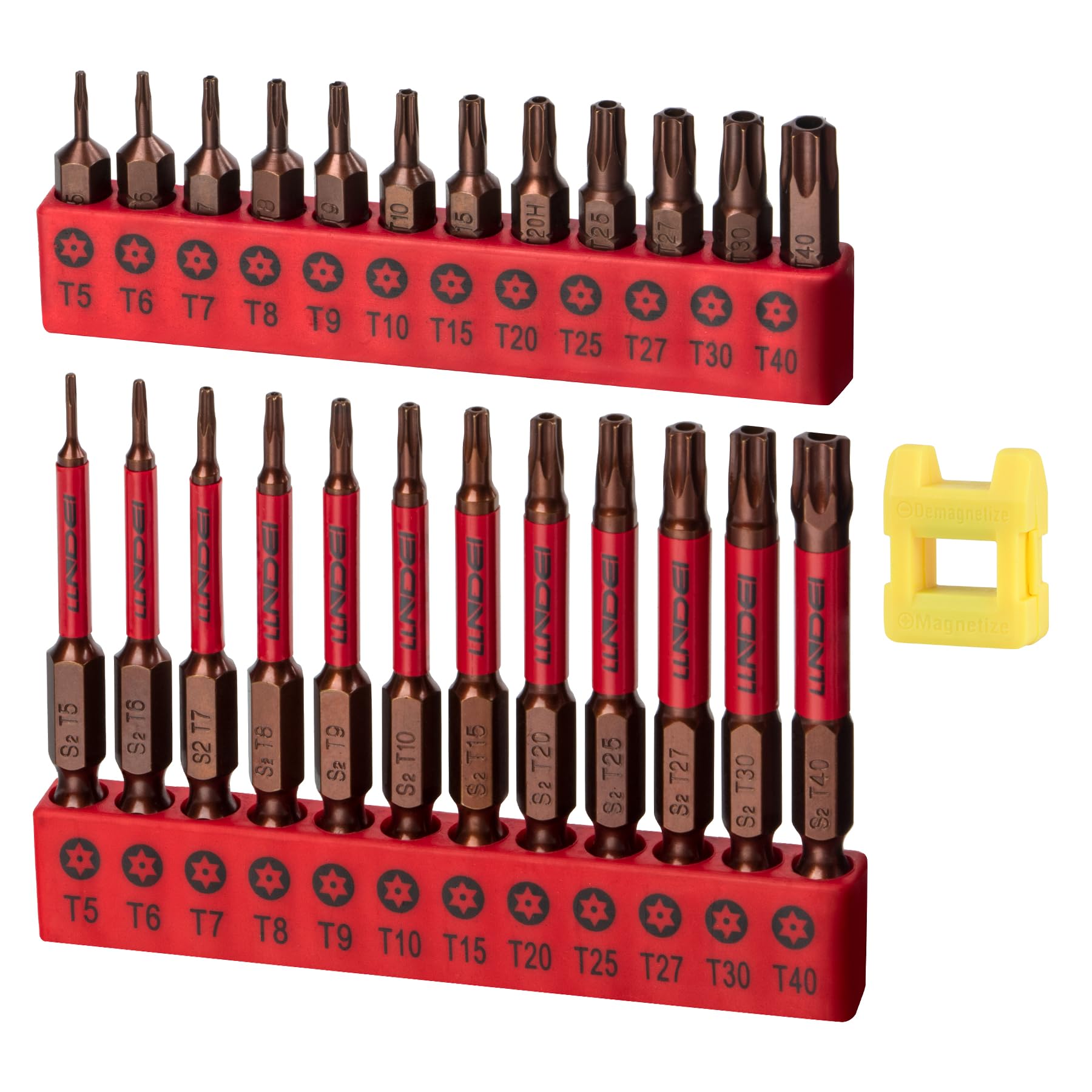 LLNDEI 25 PCS Torx Bit Set(T5-T40), Security Torx Bit Set, Tamper Resistant Star Bits Set, 1" and 2" Long Magnetic Torx Bit Set with Magnetizing Demagnetizer