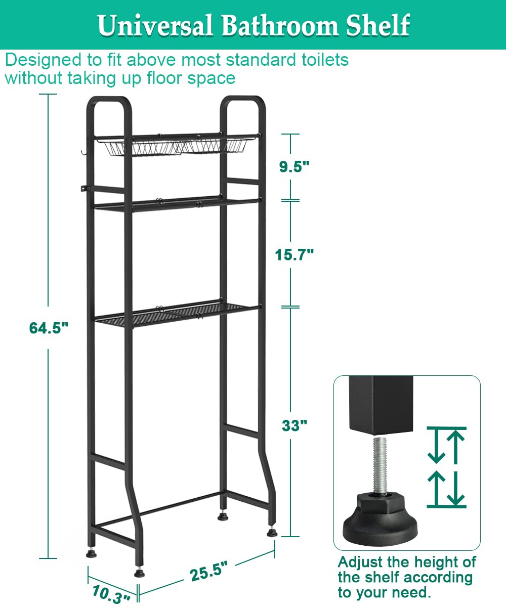 Khordin Over The Toilet Storage Shelf for Bathroom, 3-Tier Above Toilet Rack Bathroom Organizer with Adjustable Shelves and Hanging Hooks, Easy to Assemble & Space Saving, Black