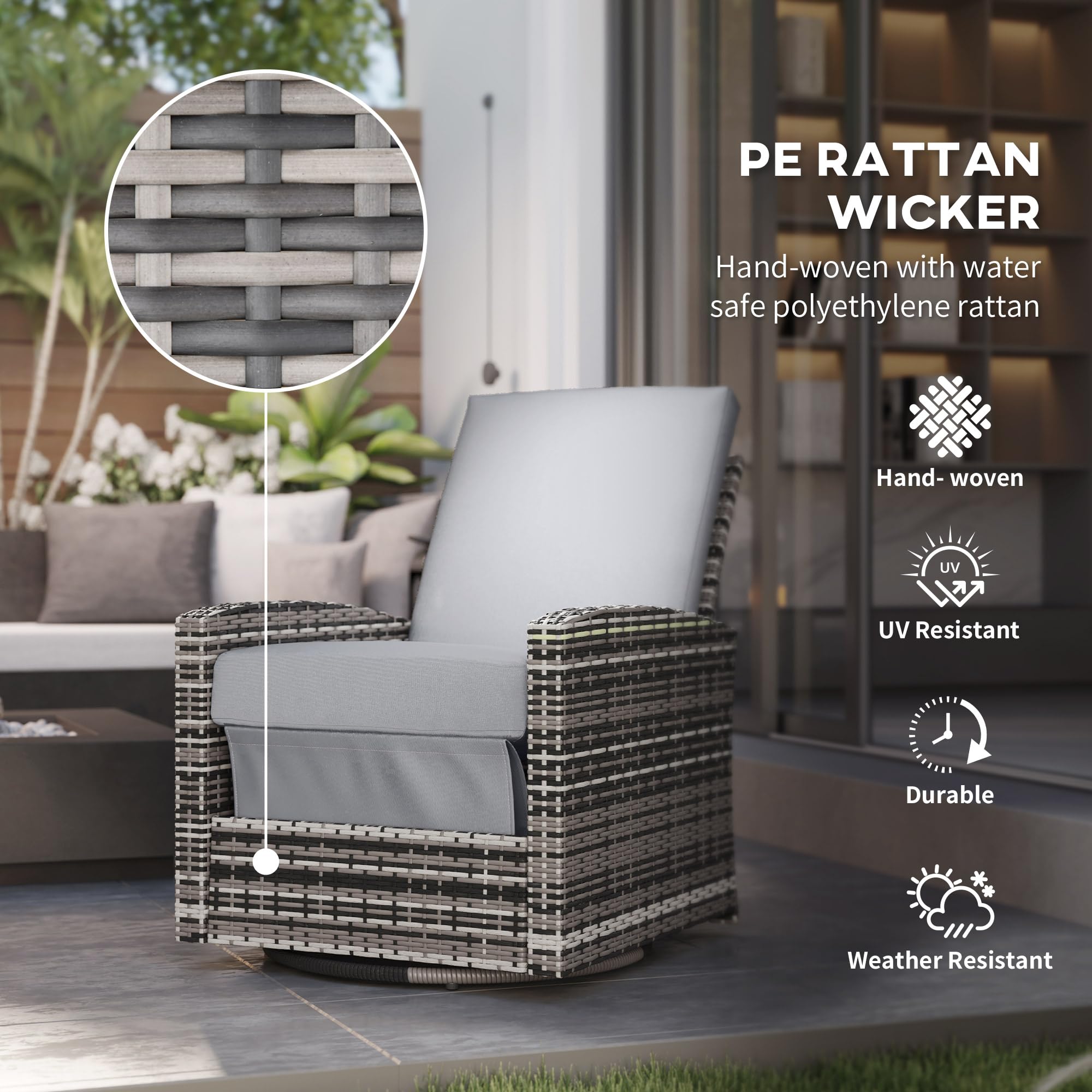 Outsunny Outdoor Wicker Swivel Recliner Chair, Reclining Backrest, Lifting Footrest, 360° Rotating Basic, Water Resistant Cushions for Patio, Grey