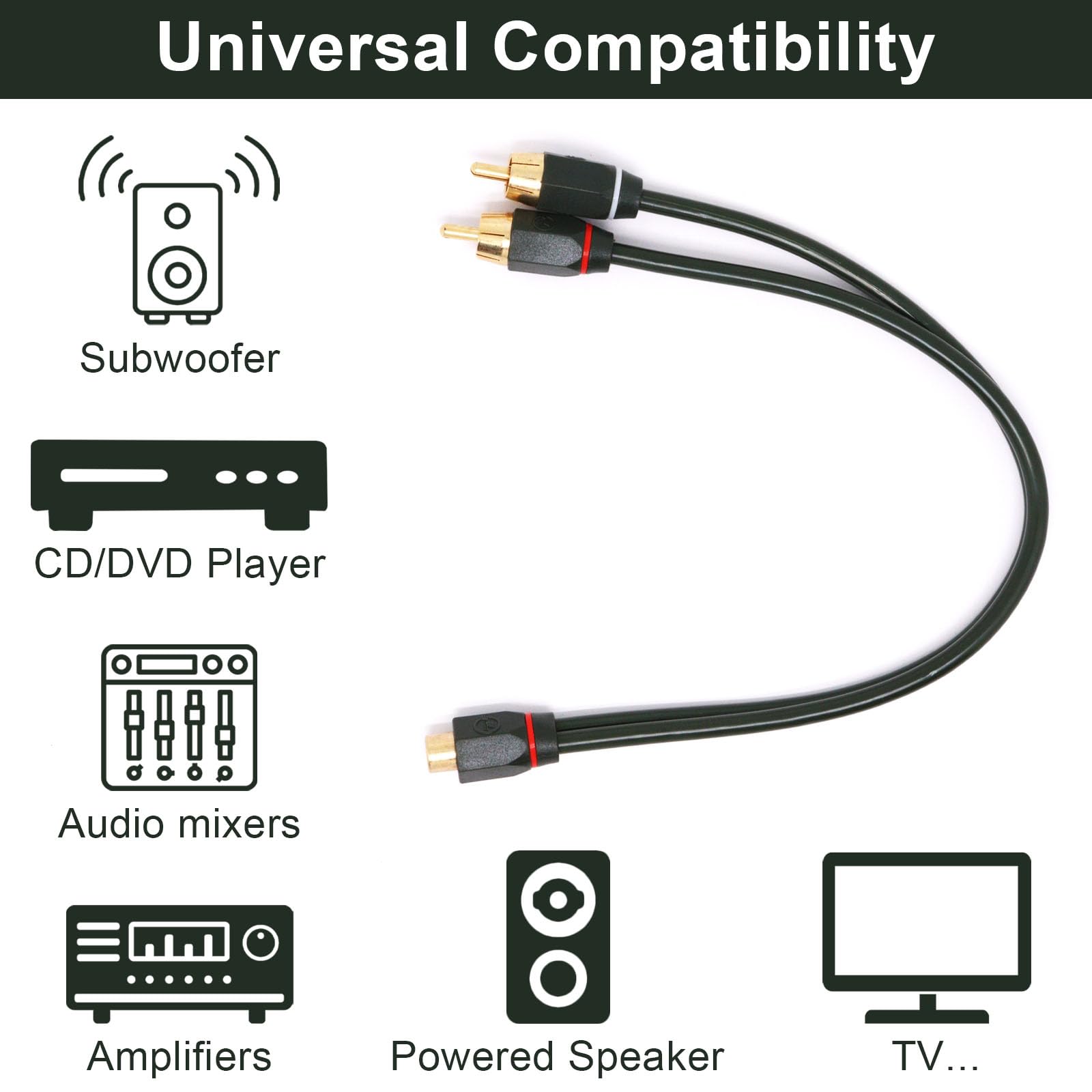 Sydien 12 Inch RCA Splitter 1 Female to 2 Male 2 Pack, RCA Y Cable RCA Video Car Audio Cable Splitter RCA Adapter Black