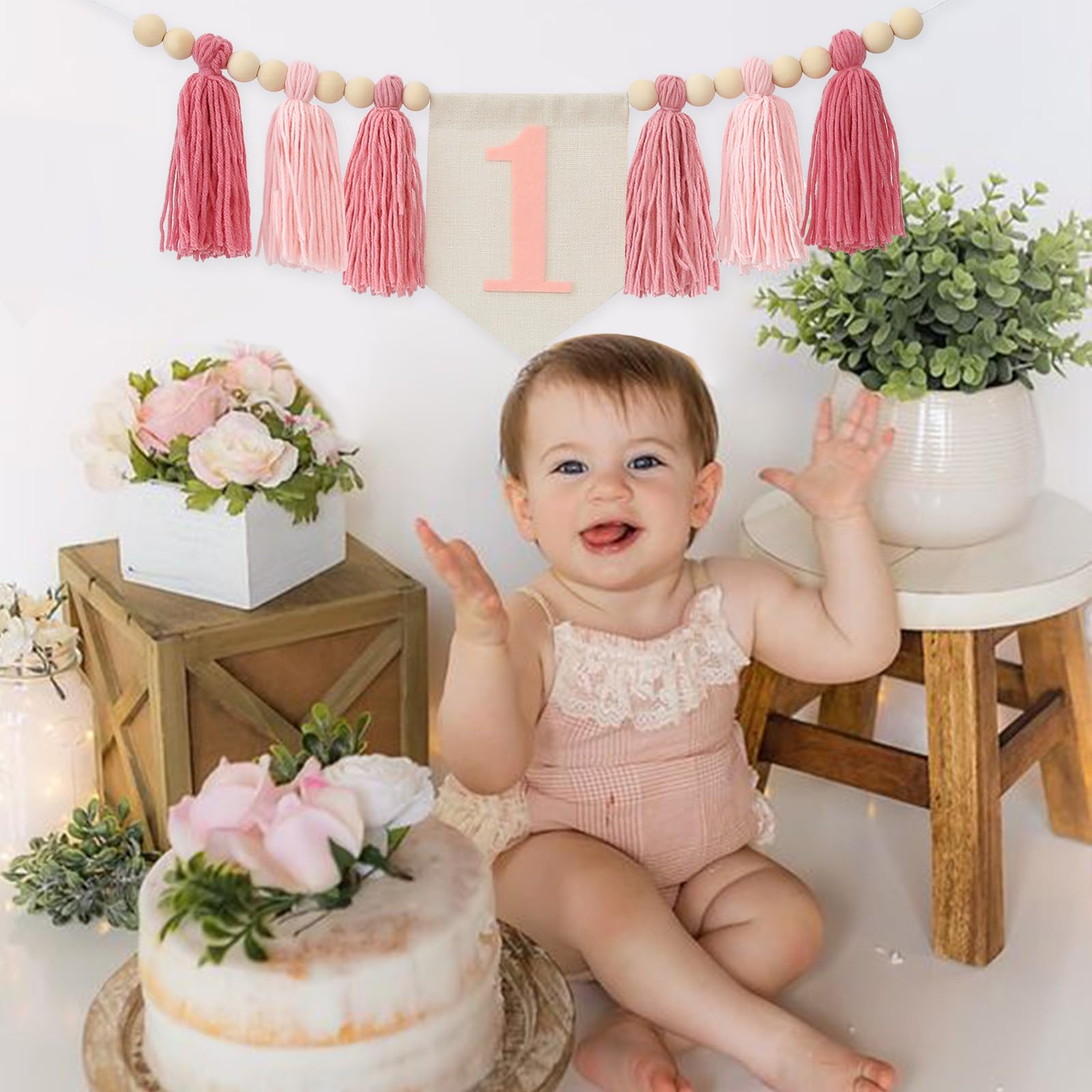 Handmade Boho 1st Birthday High Chair Banner Pink Party Decoration for Girl Baby Shower