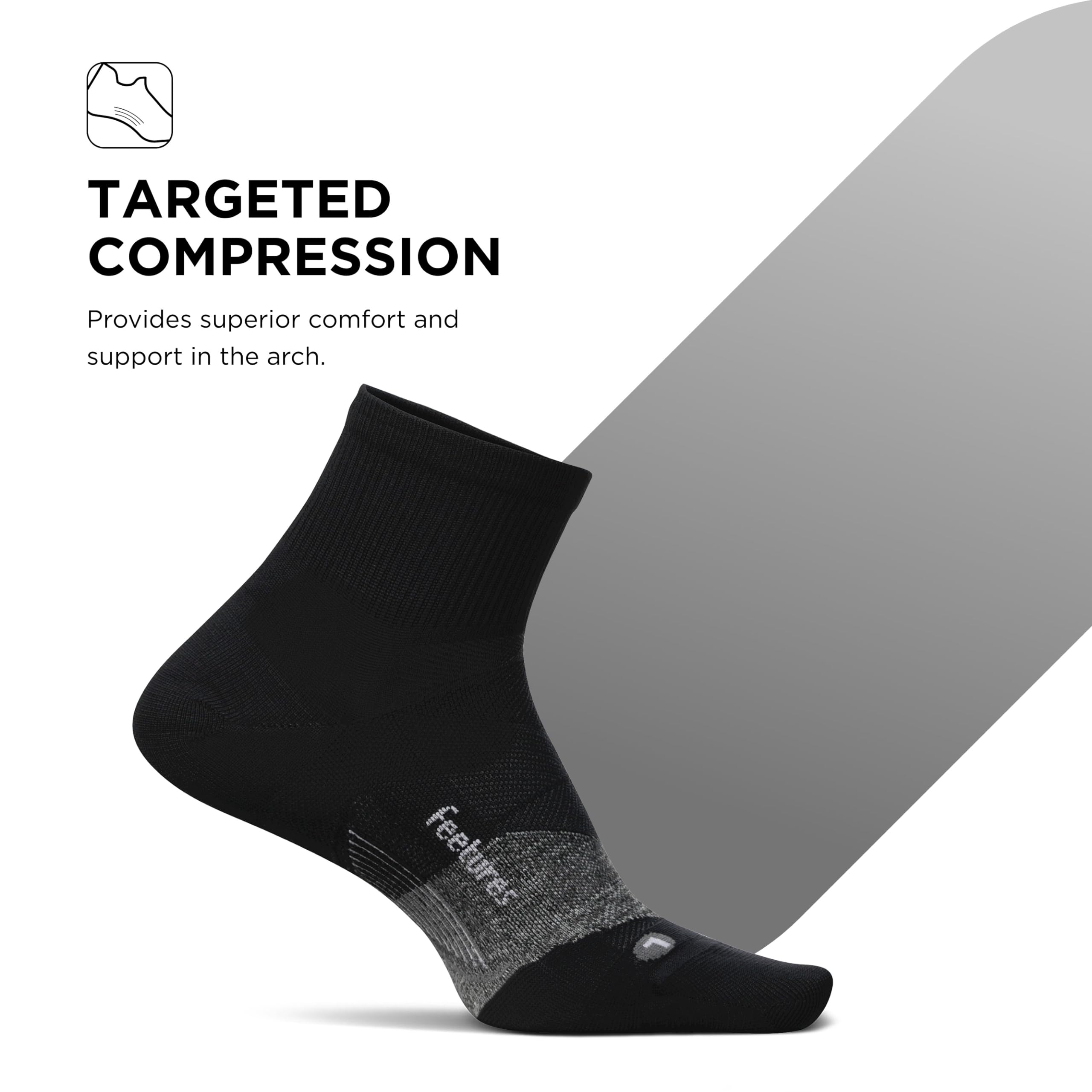 Feetures Elite Ultra Light Cushion Quarter - Sport Sock with Targeted Compression - Bust Out Black, M (1 Pair)