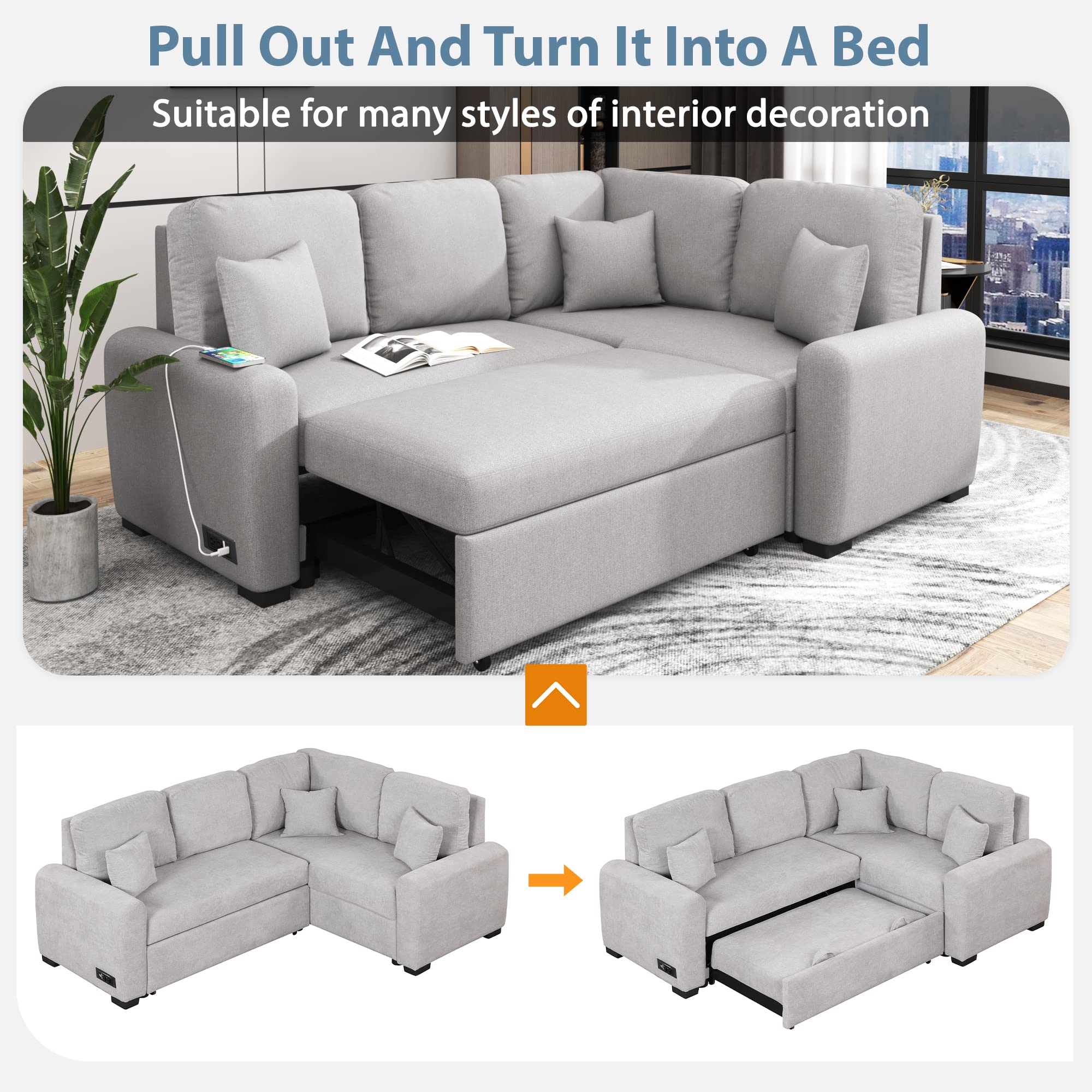 FANYE Pull-Out Sleeper Sofa Bed,L-Shaped Reversible Modular Sectional Couch Convertible Corner Sofá,4-Seat Chenille Upholstery Couches Chaise Lounge Sofacama with USB Ports,Plug Outlet and 3 Pillows