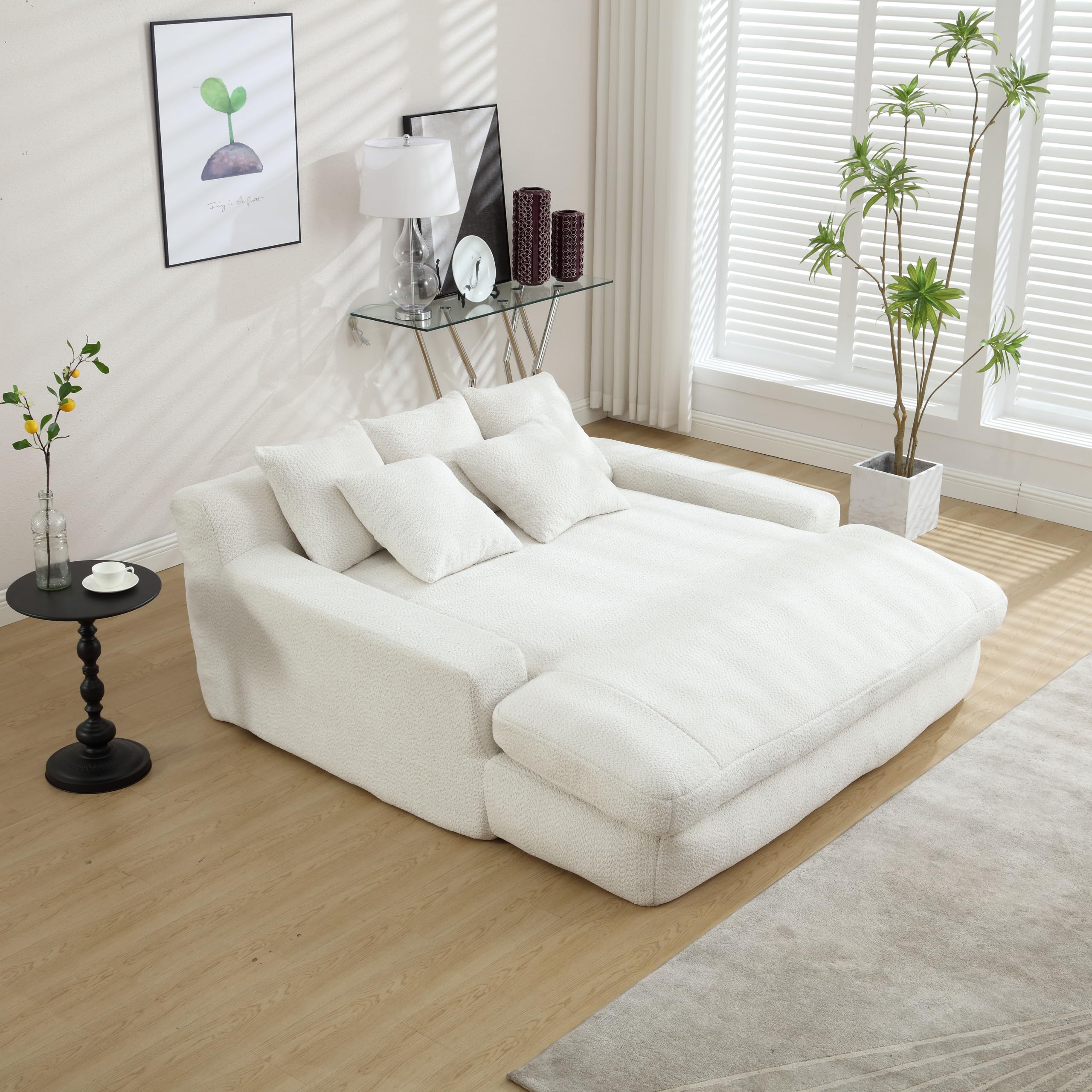 HANLIVES 67" Oversized Chaise Lounge Indoor, 2-Seater Sofa Bed with 5 Throw Pillows and Armrests, Chenille Fabric Sleeper Chair Living Room,Bedroom,White