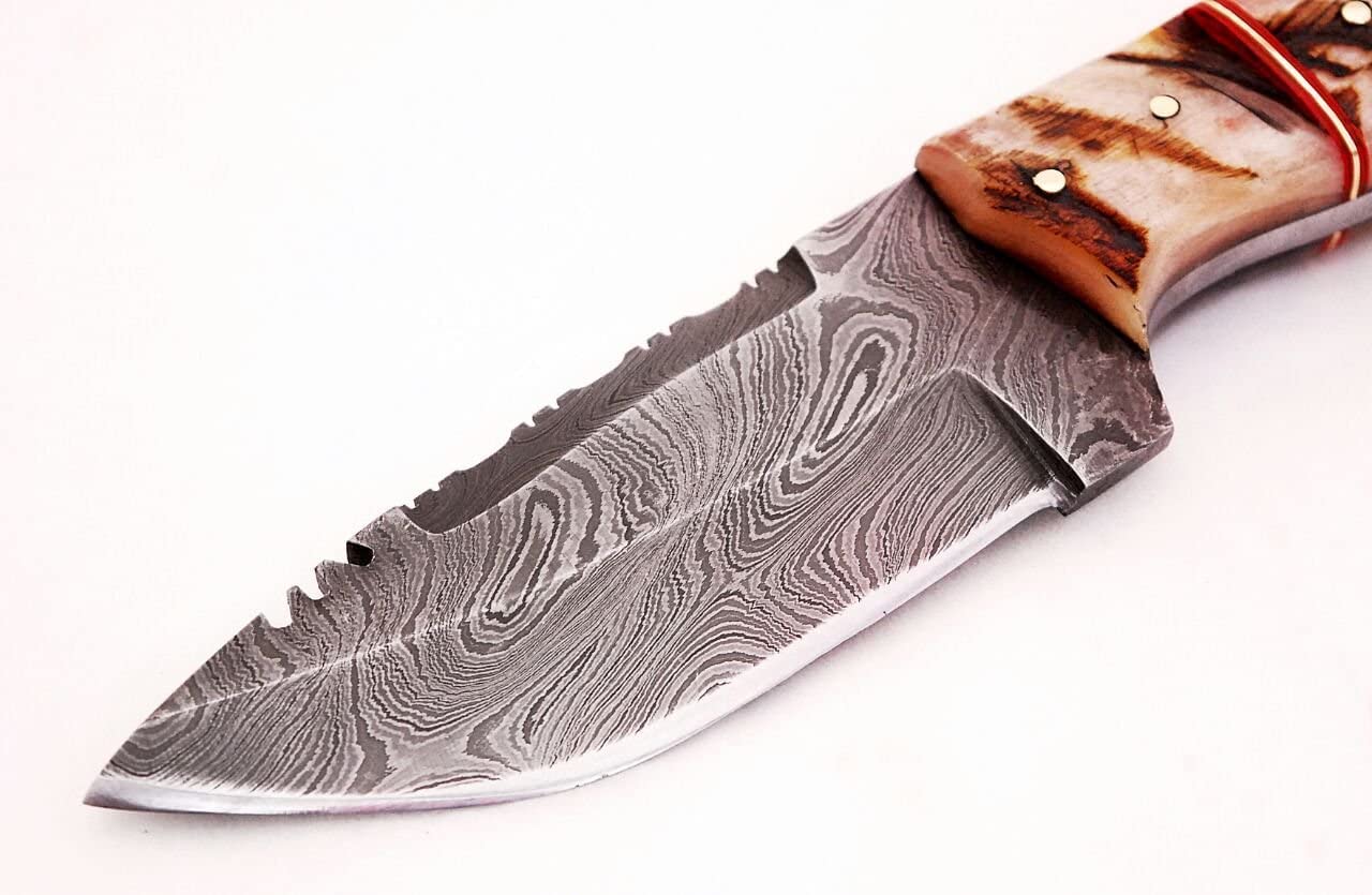 DSK-126 Custom Handmade Damascus Steel 8 inches Wood Handle Full Tang Hunting/Survival Hand forge/Outdoor Tracker Horn Handle Knife