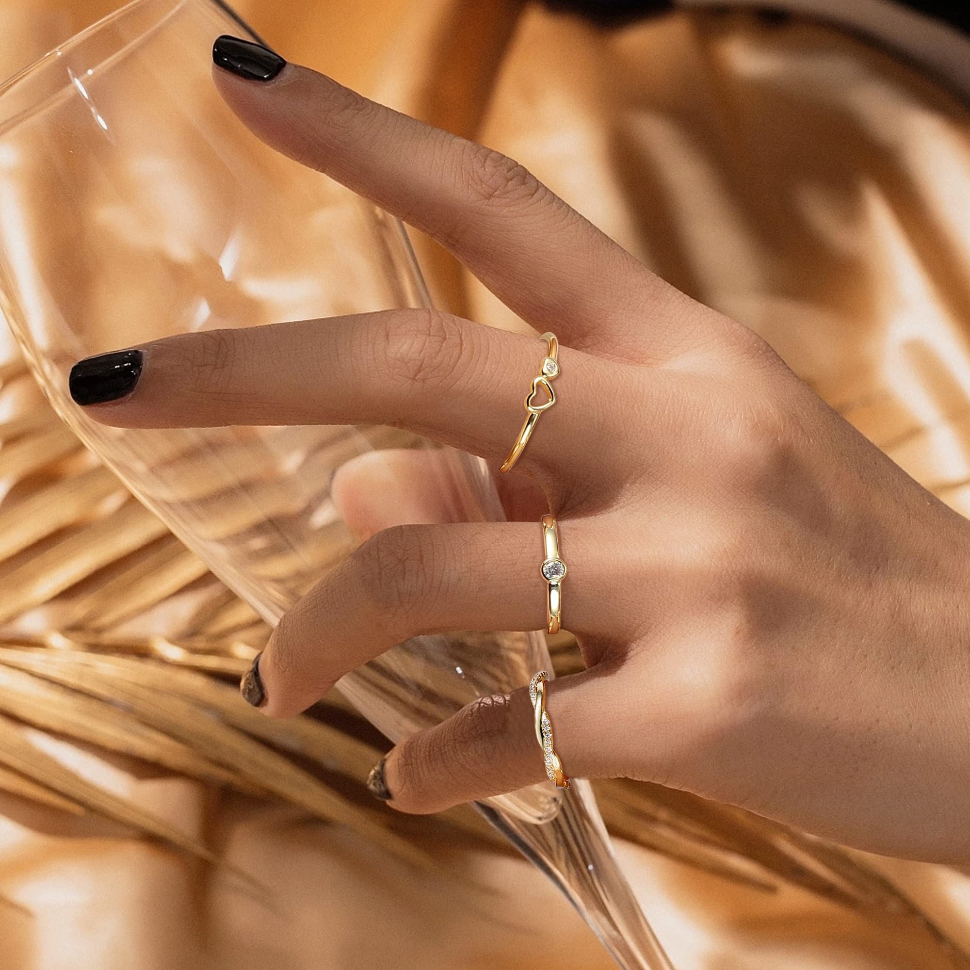 FIBO STEEL 10 Pcs 14K Gold Plated Stacking Rings Set for Women Dainty Minimalist Stackable Knuckle Rings CZ Flower Twist Cross Plain Band Ring Size 7