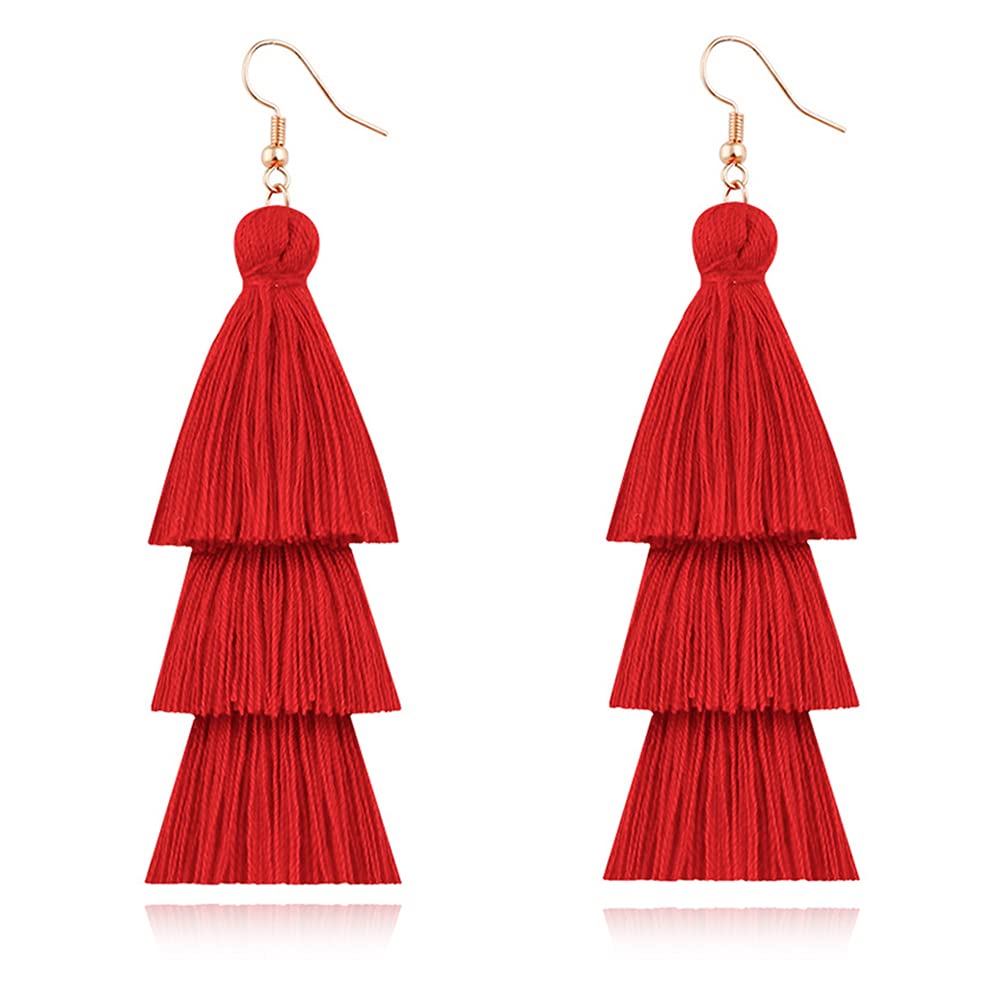 CHUNYANAN 3 Tier Red Yellow Tassel Dangle Drop Earrings Bohemian Fashion Earrings for Women Valentine Party Jewelry Gift. (Red Tassel Dangle Drop Earrings)