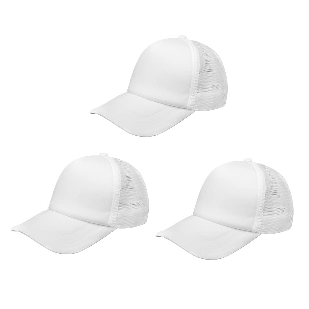 DSRTE 3PCS Blanks Trucker Hats Polyester Summer Mesh Cap with Adjustable Snapback Strap for Sublimation DIY (White)