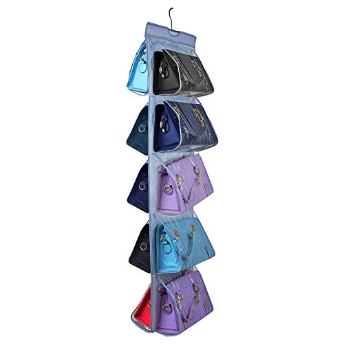 Szxc Closet Hanging Organizer for Small to Medium Handbag Purse - 50 x 14 inch, Dual-Sided 10 Clear See-Through Pockets, Wardrobe Storage Organizer for Shoes Boot Towel Clothes Scarf