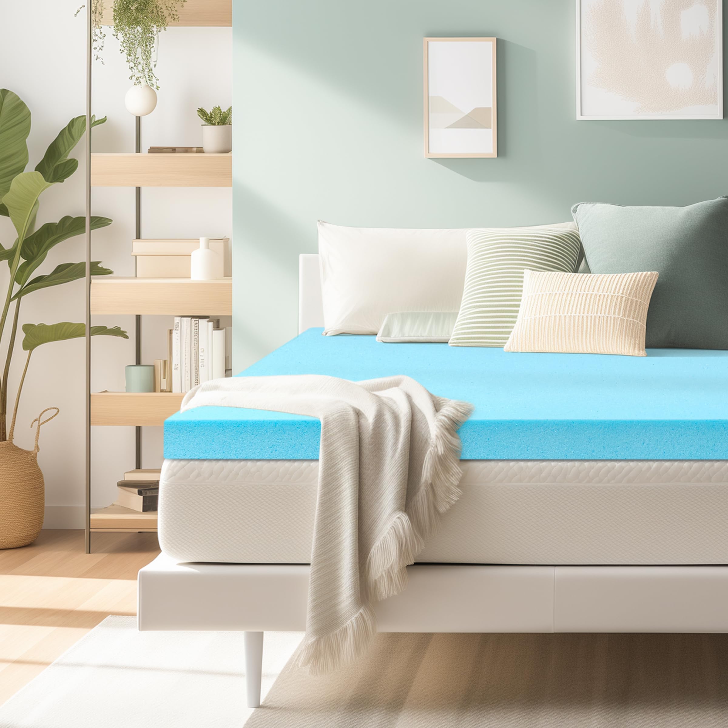 Hokway Memory Foam Mattress Topper, Pressure Relief King 4 Inch Mattress Pad, Cooling Gel Infused Mattress Topper, Blue
