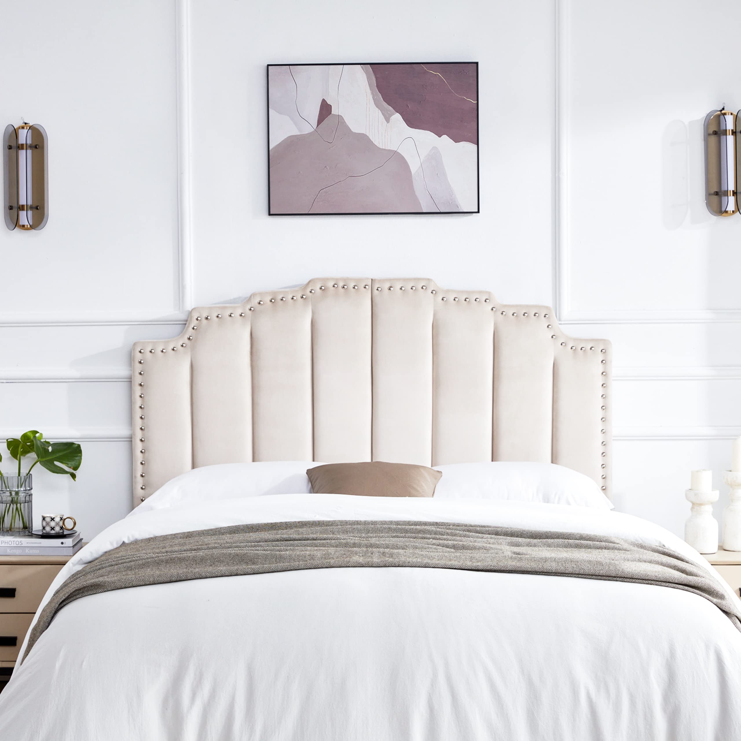 Kingfun Mid Century Headboard for Queen Size Bed,Velvet Upholstered Tufted Bed Headboard with Nailhead Decor,Adjustable Curved Solid Wood Head Board Vertical Channel Design (Medium Beige)