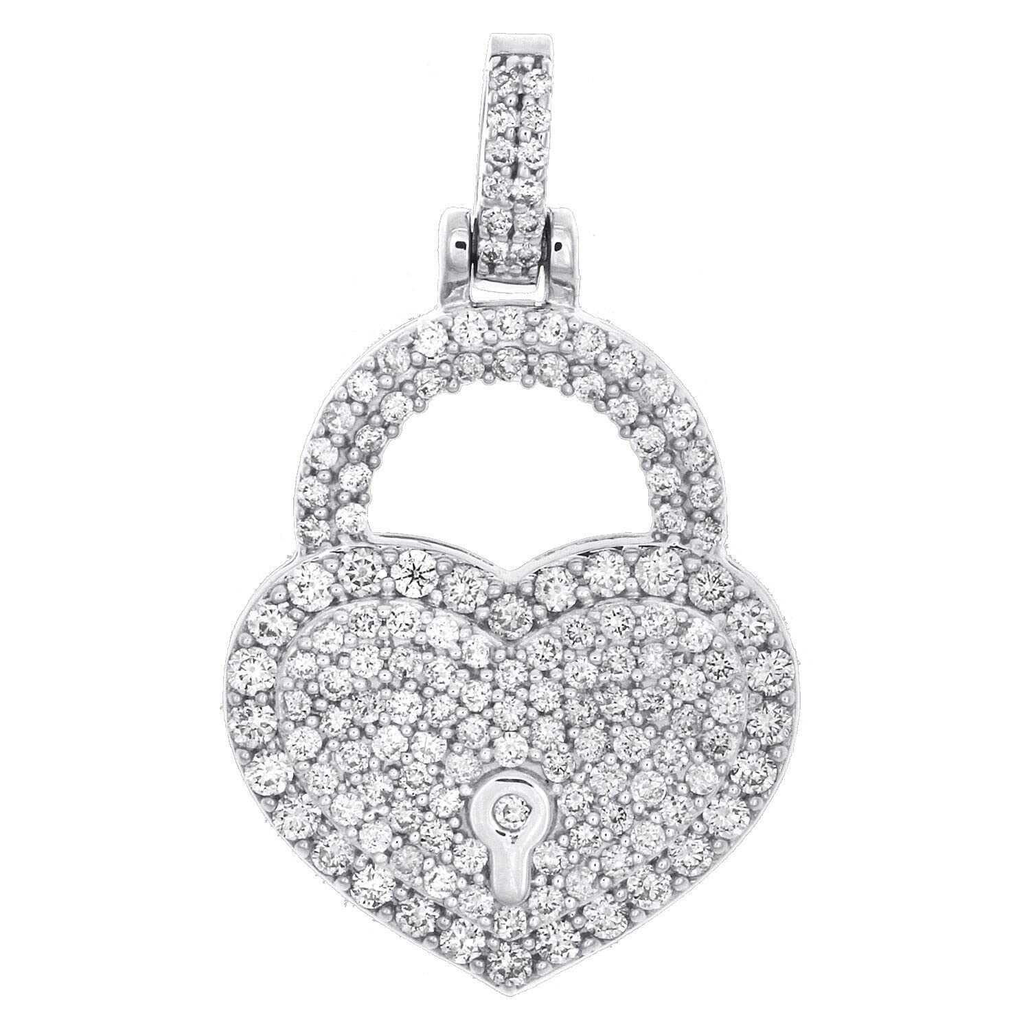 DTJEWELSS 10K White Gold Finish Round Cut Diamond Heart & Lock Pendant 1.20" Statement Charm 1.50 CT.
