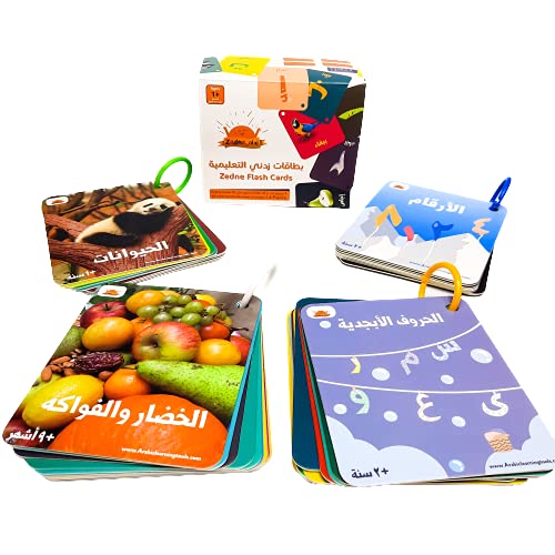 Zedne Arabic Alphabet Flash Cards - 48 Pcs Double-Sided Flashcards (96 Images) with Rings Educational Learning Toys for kids Birthday Preschool Gifts (Alphabet, Numbers, Animals, Fruit)
