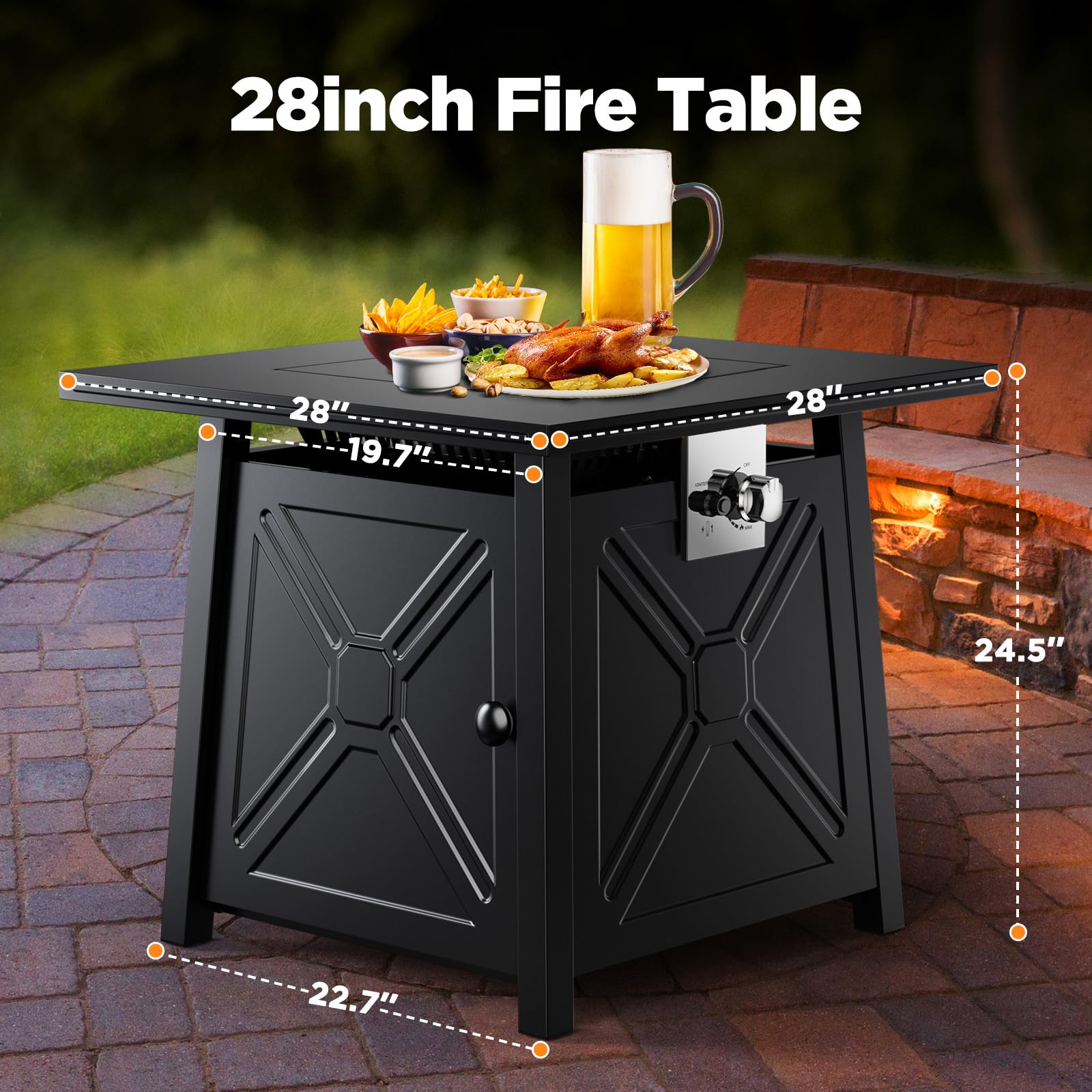 Ciays 28 Inch Gas Fire Pit Table, 50,000 BTU Propane Fire Pits for Outsides with Steel Lid and Lava Rock, 2 in 1 Square Firepit Table for Gatherings Parties on Patio Deck Garden Backyard, Black